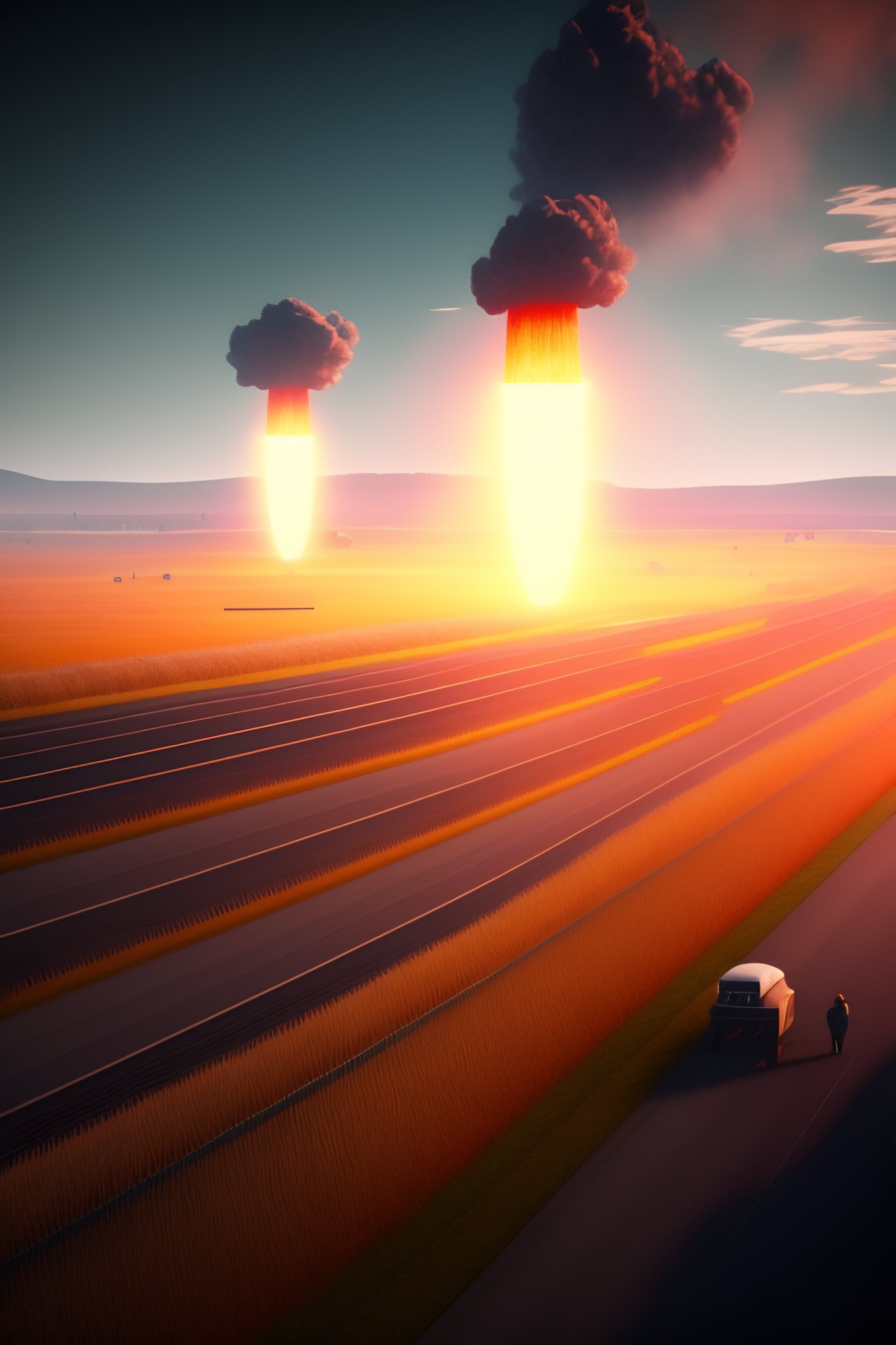 Lexica - People in the air, rust skrap, plowed field with down burning ...