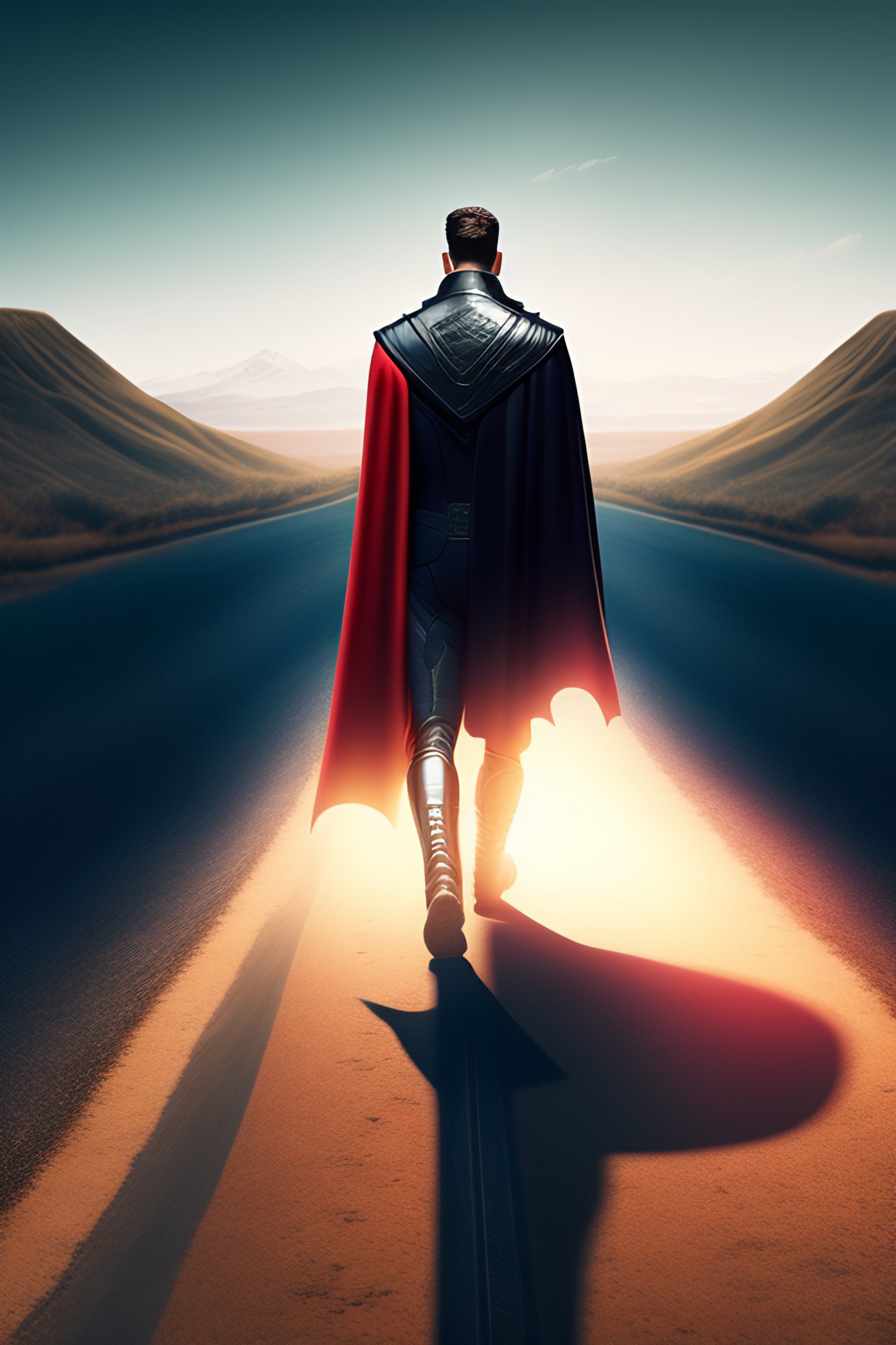 Lexica - Photo from the back of a superhero wearing a cape walking on a ...