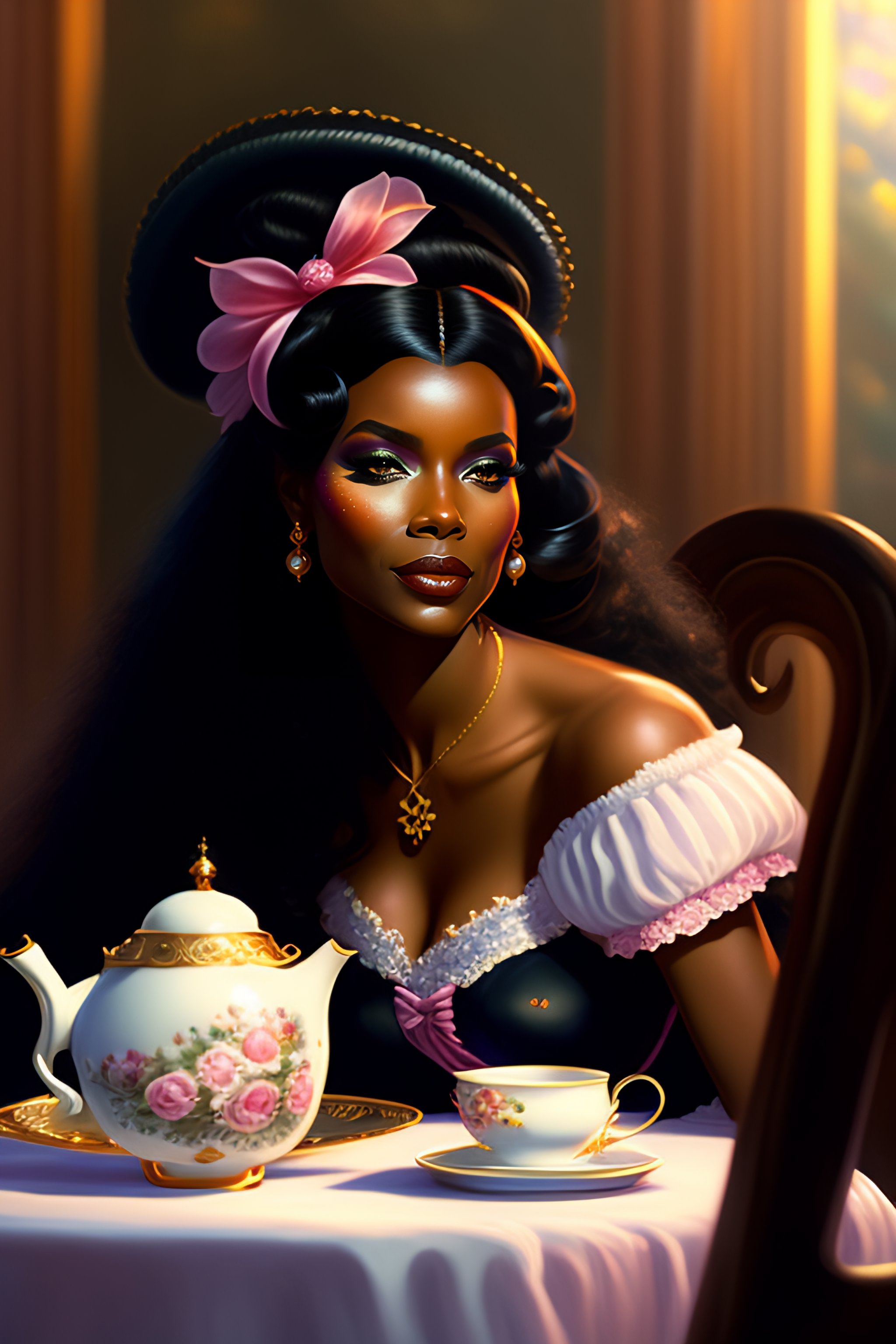 Lexica - “black Alice at a tea party by Thomas Kinkade, Alice in Wonderland, trending on Artstation”