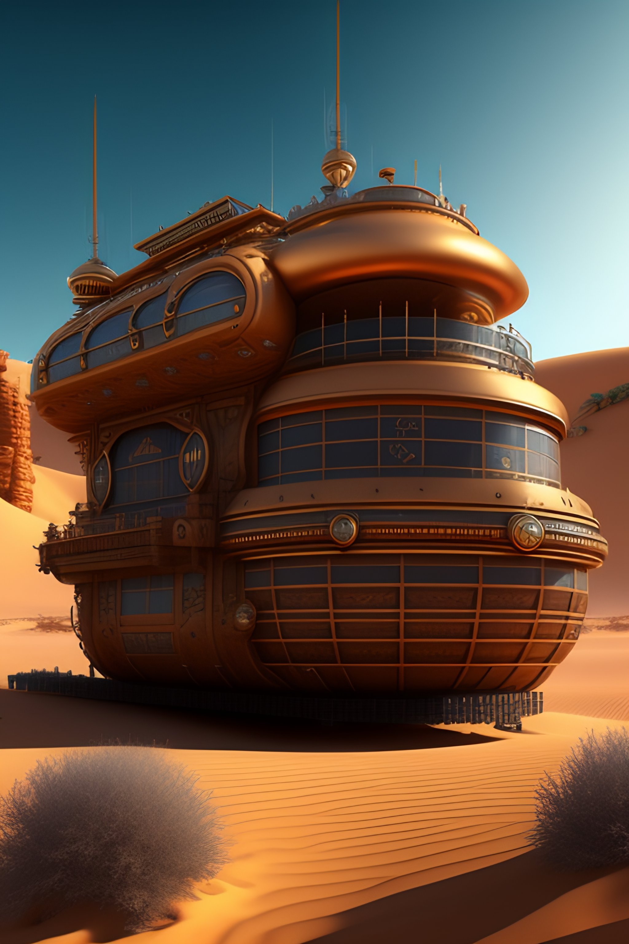 Lexica - A steampunk city built on a hovercraft moving through the desert