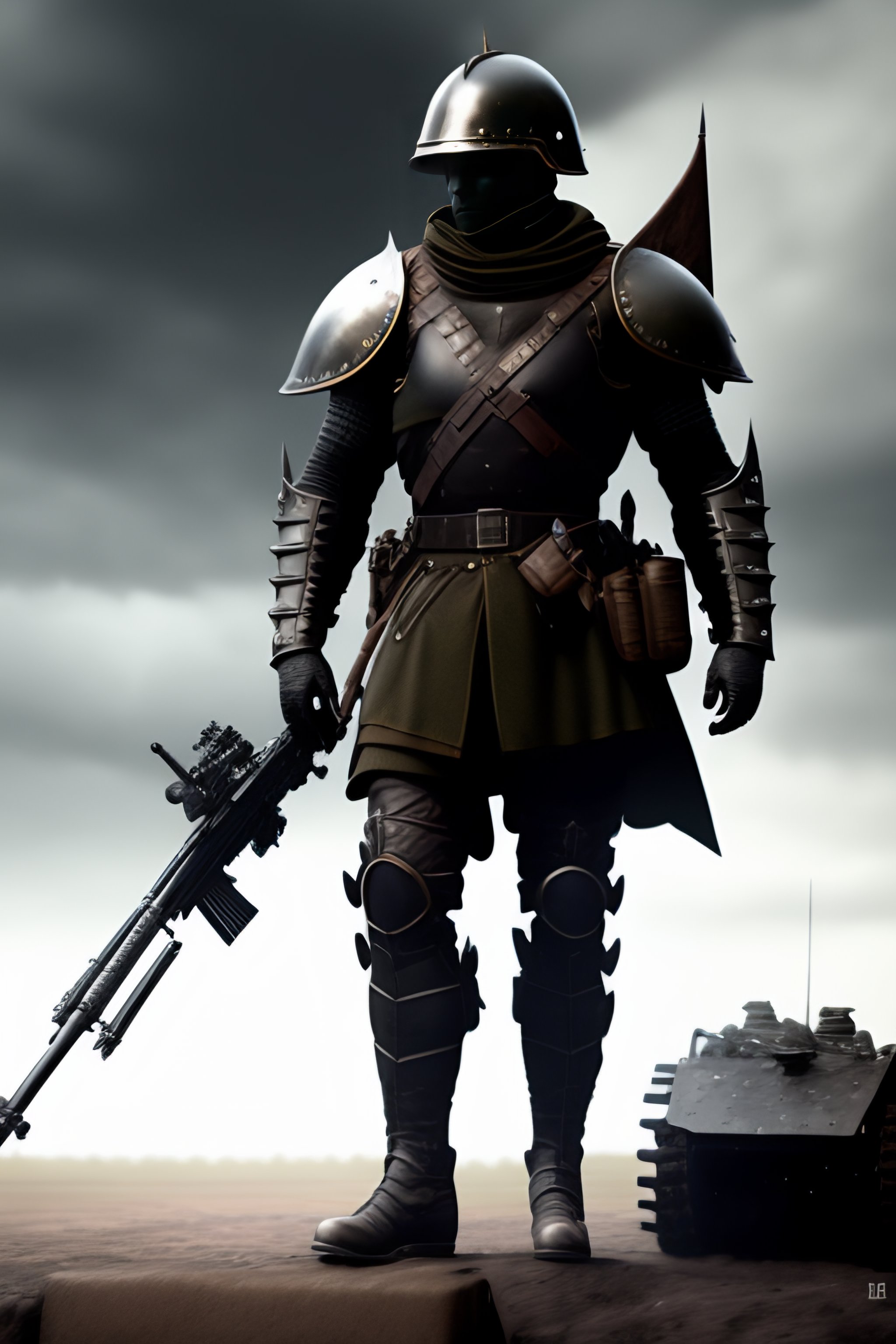 Lexica - Full-body portrait of a heavily armored WWI soldier holding an ...