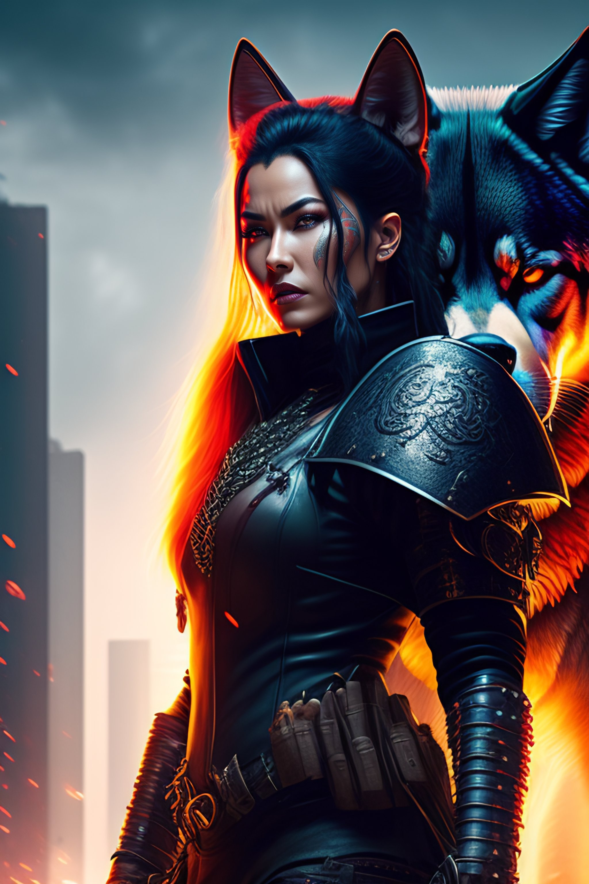 Lexica - A woman cyberpunk warrior with an attacking giant wolf, bloody ...