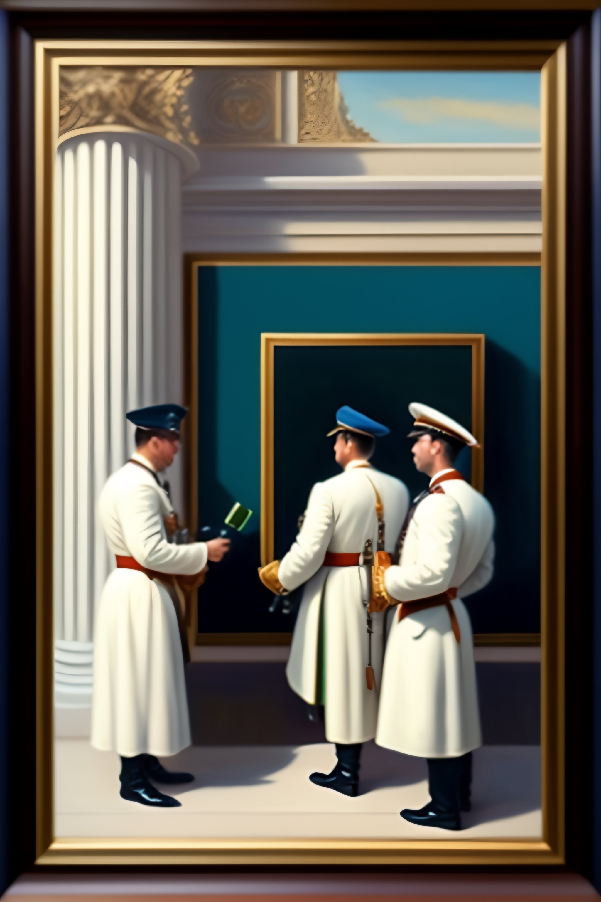 Lexica - Museum security guards in an art gallery, pouring a can of oil ...