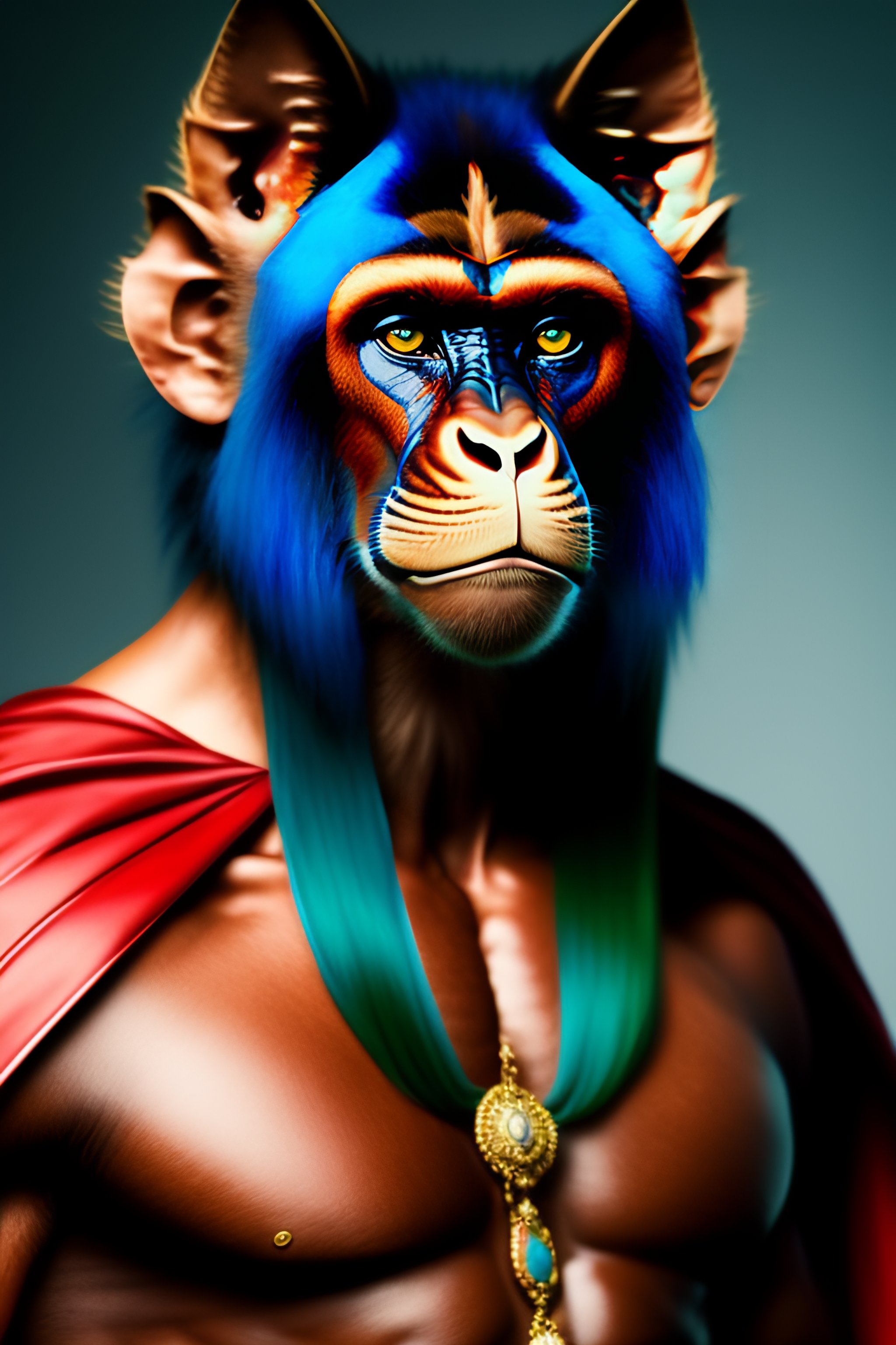 Lexica - A portrait photo of a red skin monkey with cat ears, turquoise ...