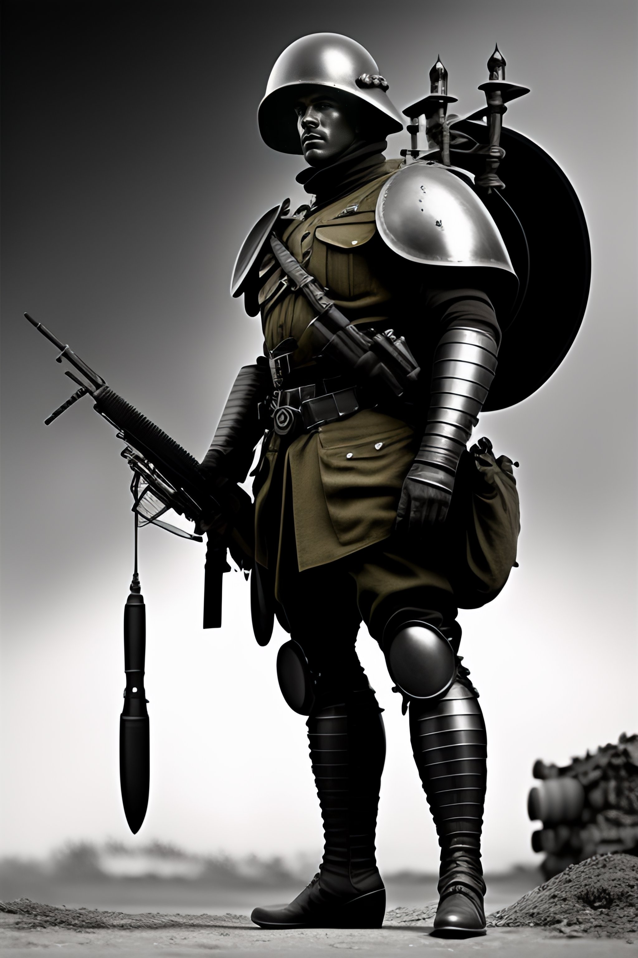 Lexica - Full-body portrait of a heavily armored WWI soldier holding an ...