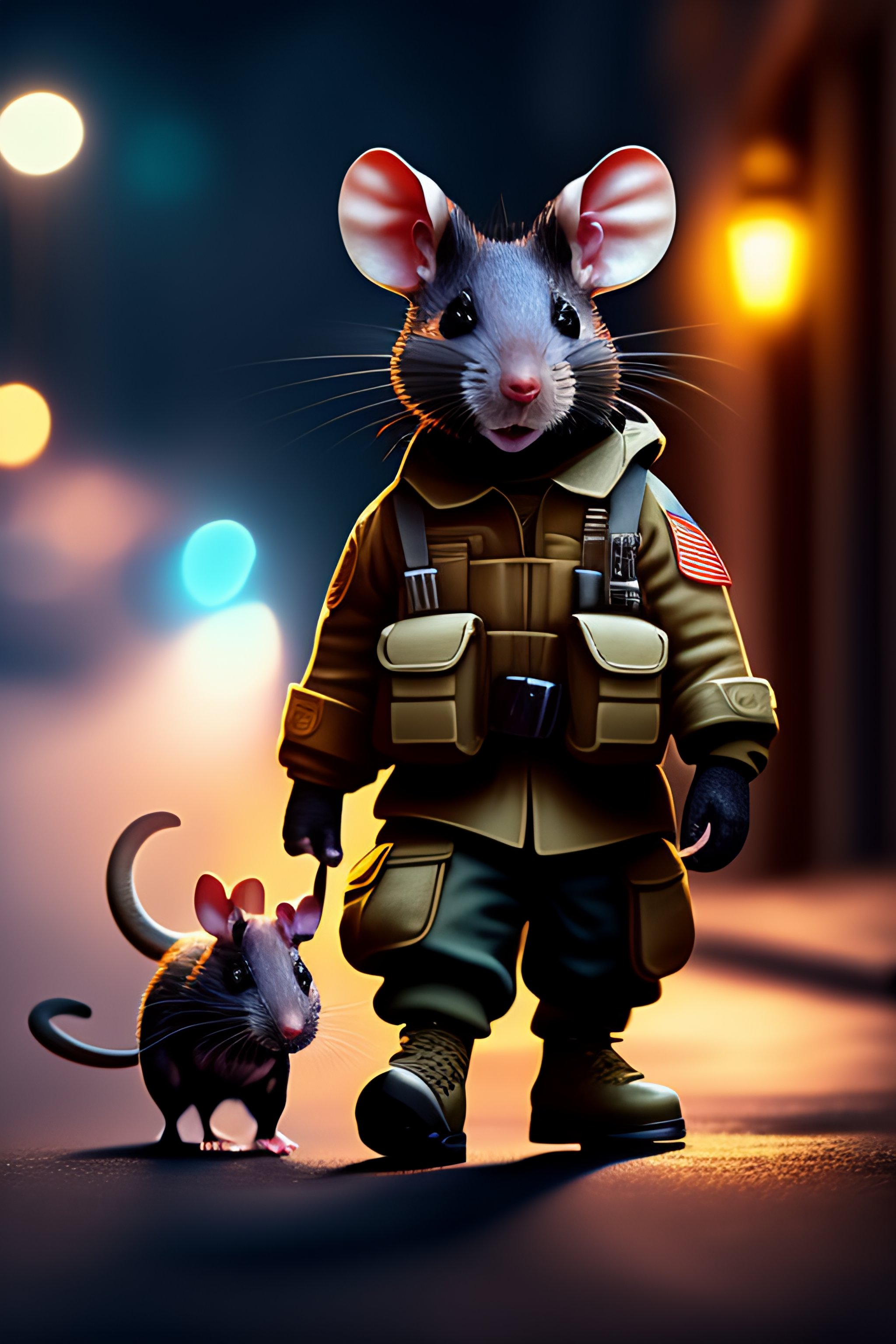 Lexica - A military rat with a machine gun walking with a baby by an ...