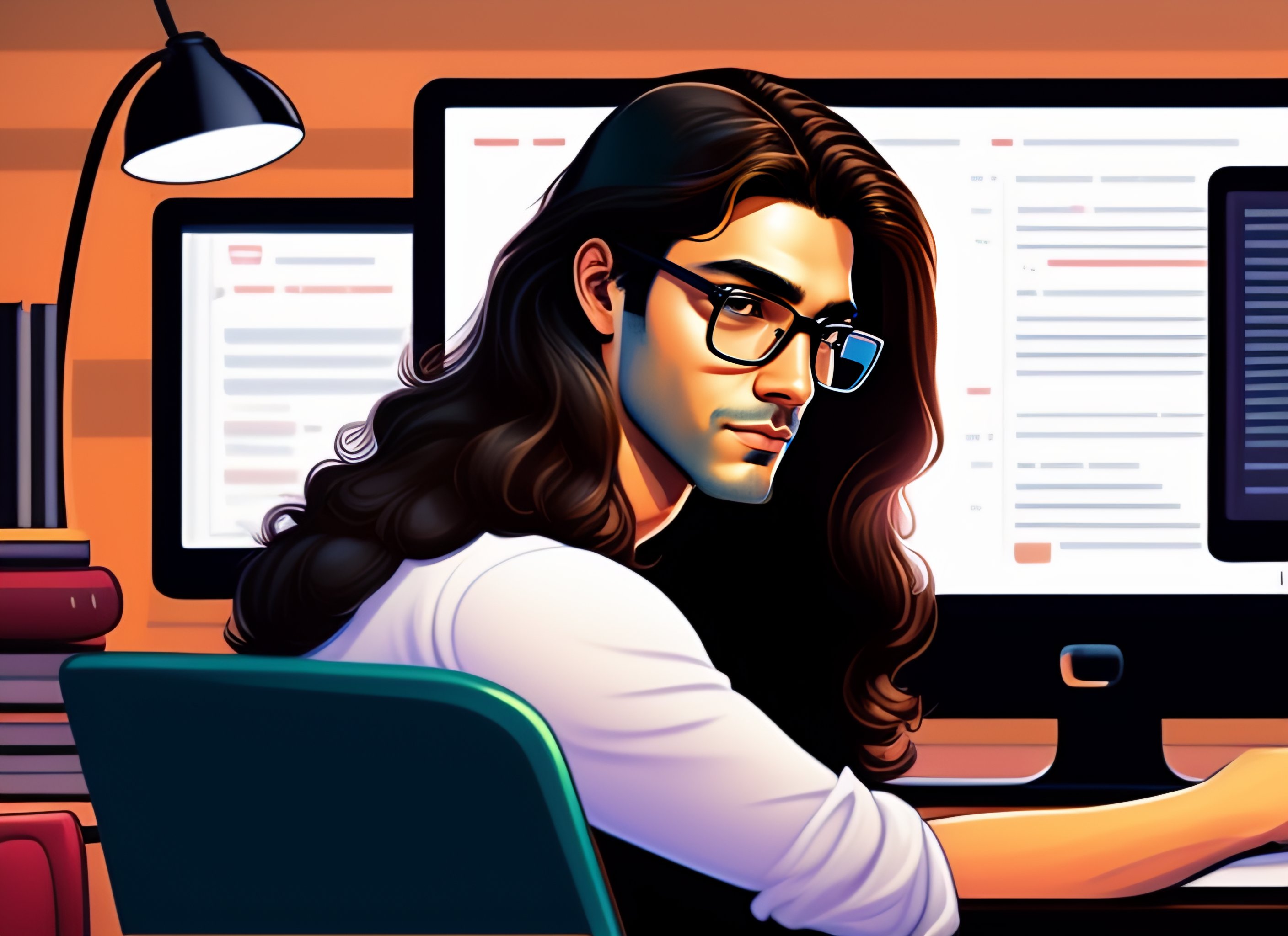 Lexica - A web developer with long brown hair down and black glasses at ...