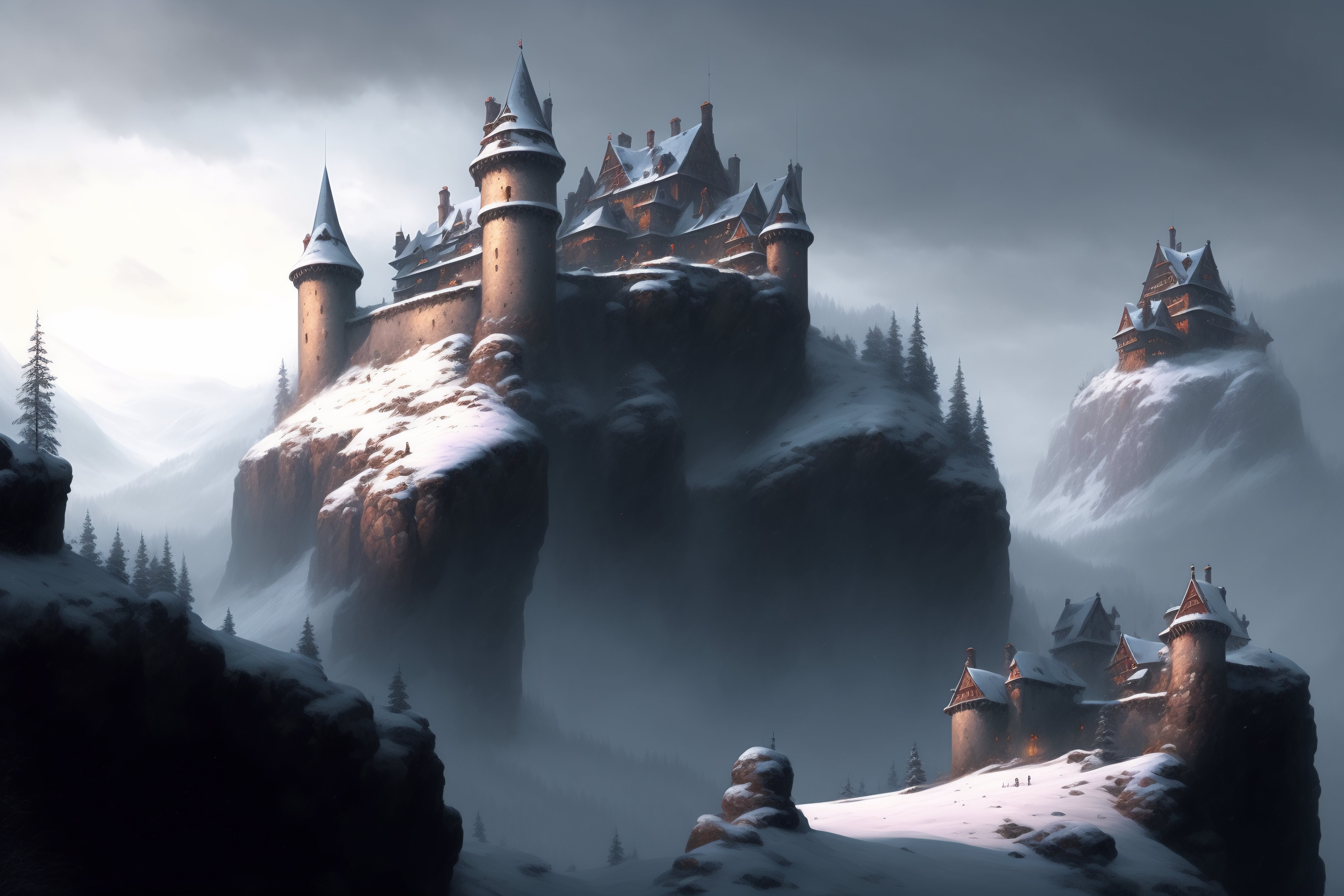 Lexica - Medieval castle on top of a mountain, artstation, jakub rozalski