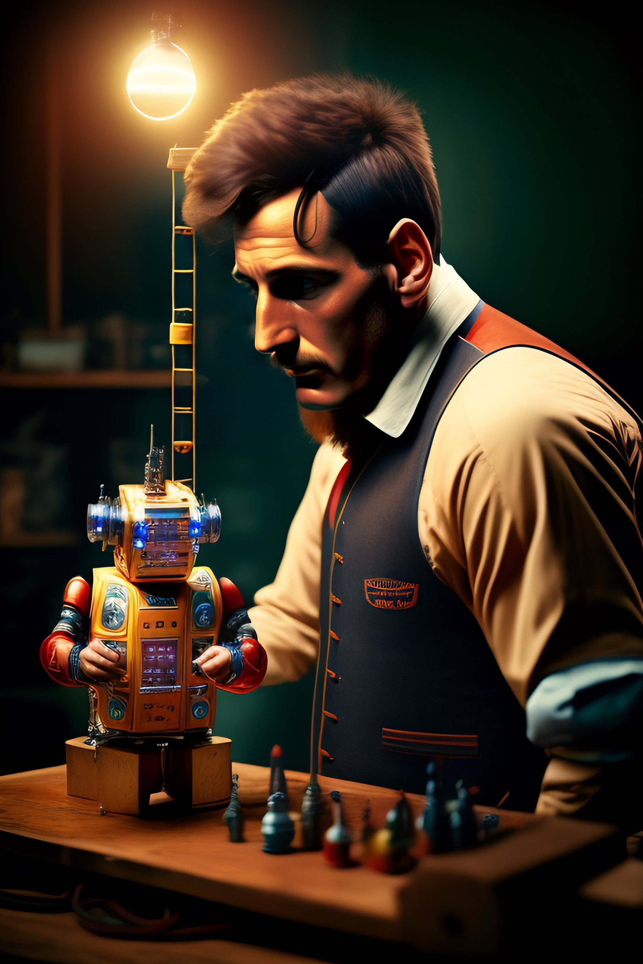 Lexica - A photo of messi building a robot by Philippe Halsman, setting ...
