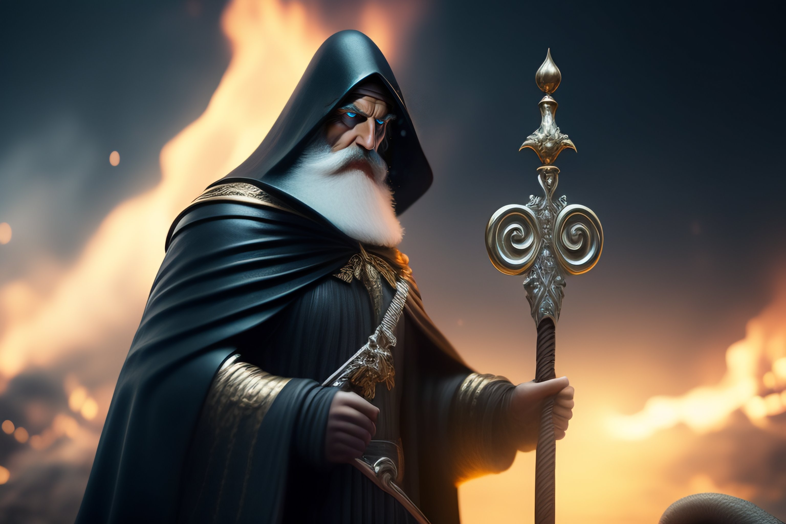 Lexica - One Greek wizard in dark robe hold a staff that has a white ...