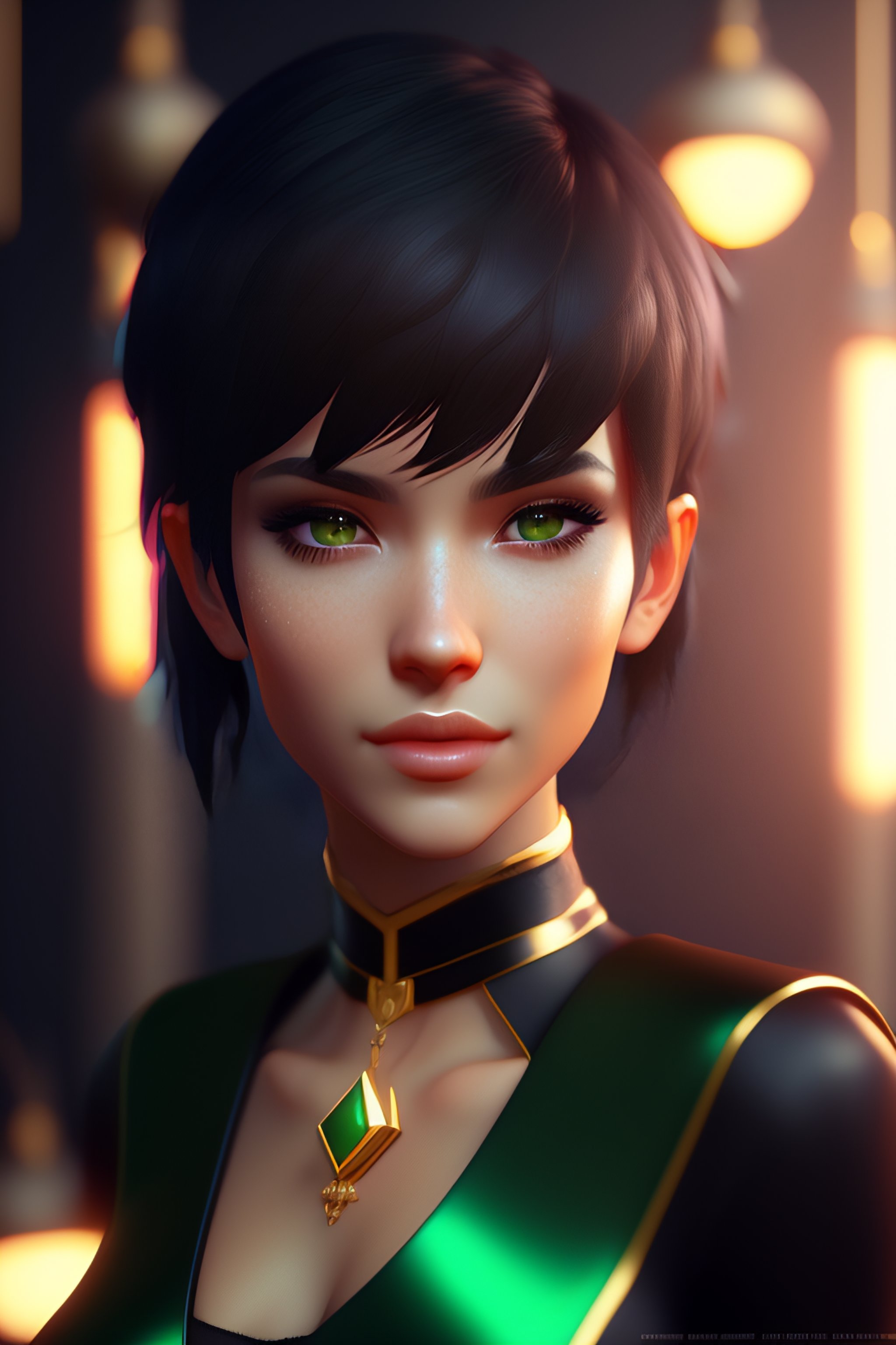 Lexica - Portrait of a short green piecey emo hair girl with flat side ...