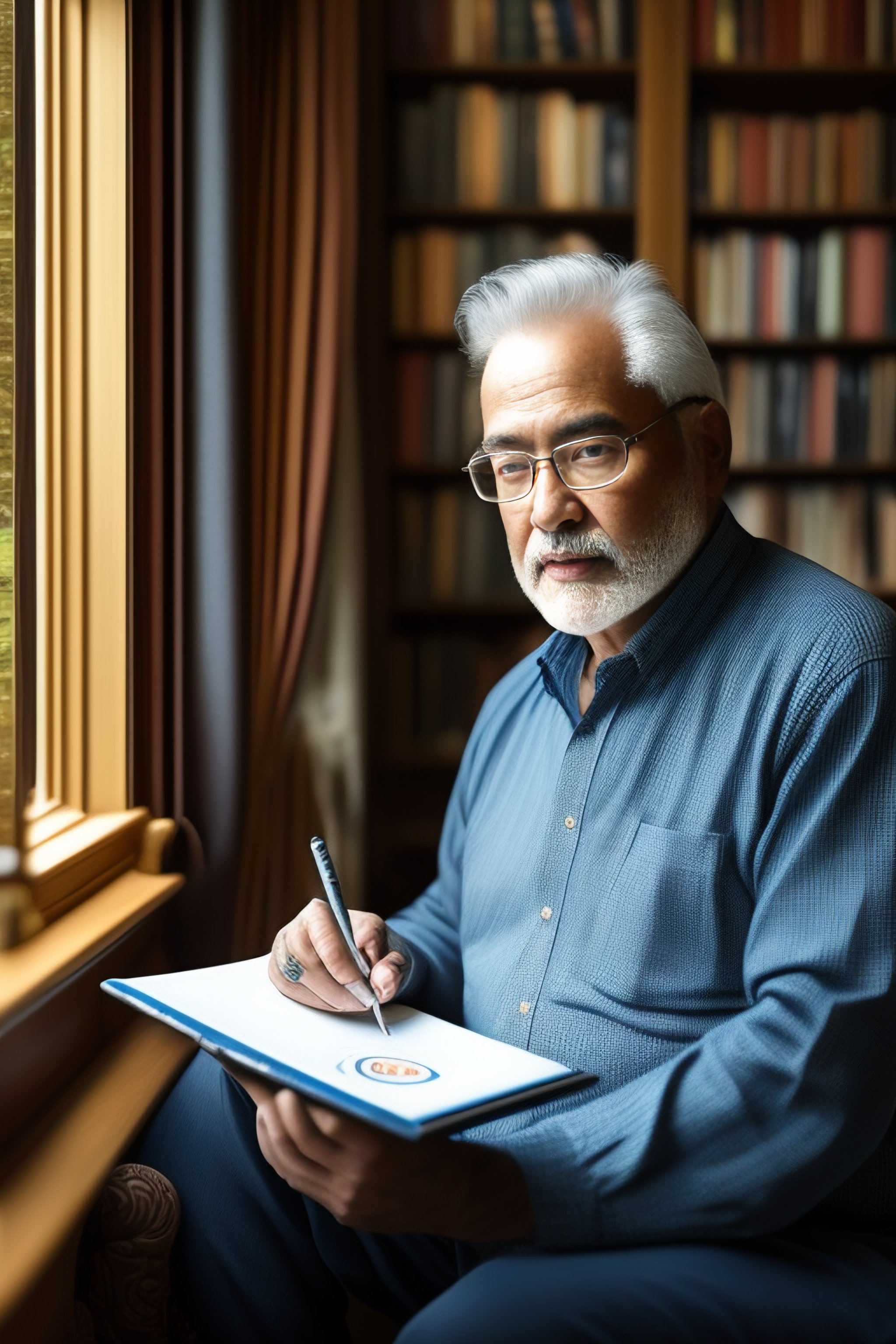 Lexica - An artistic smalltown male writer over 55 in his library