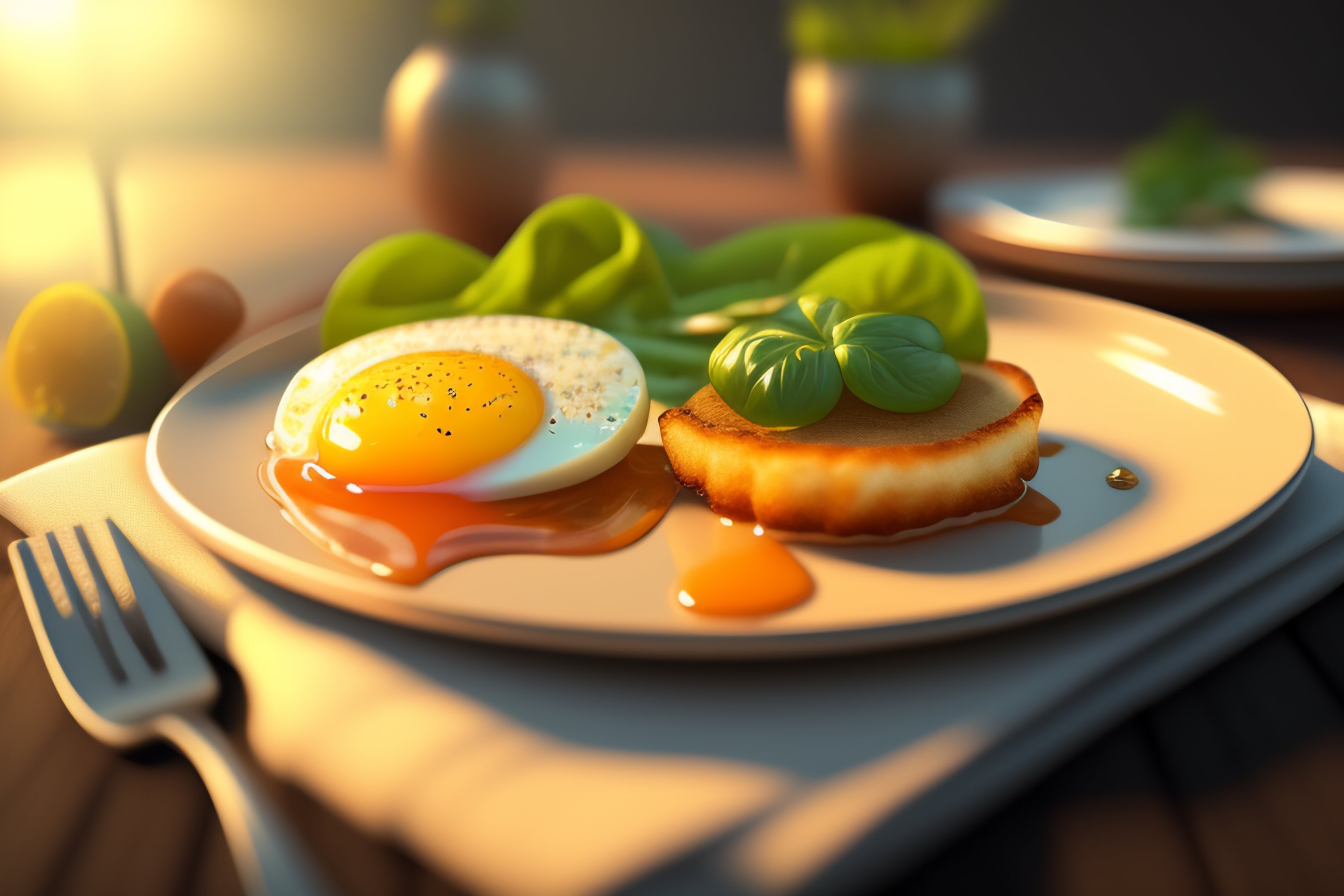 Lexica - 2 fried eggs on a plate with salad, modern, flat lighting, highly detailed, digital ...