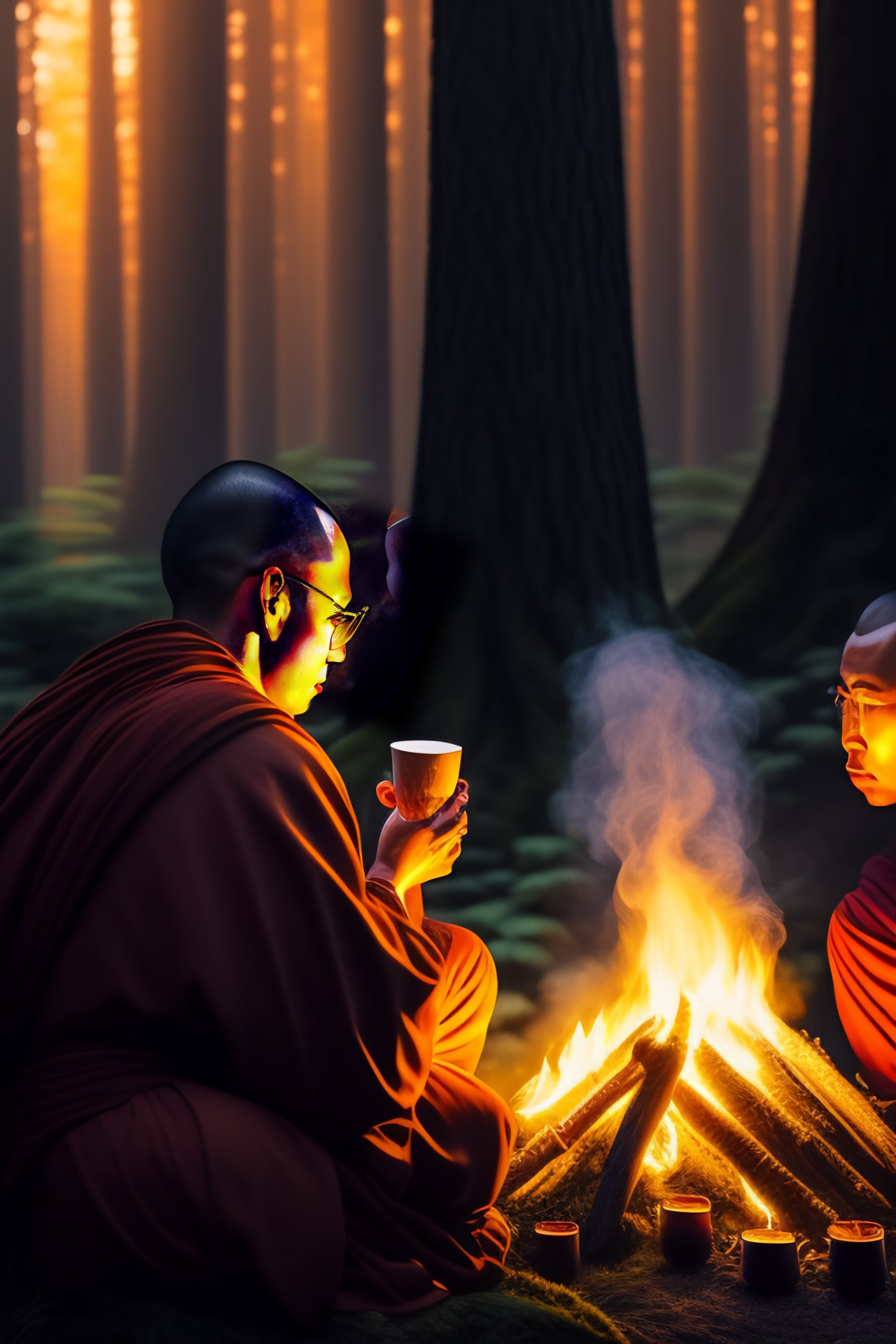 Lexica - Three monks in a dark forest sit around a fire and drink tea