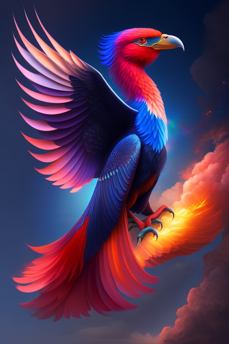 Lexica - A majestic blue and red phoenix flying though the sky with ...