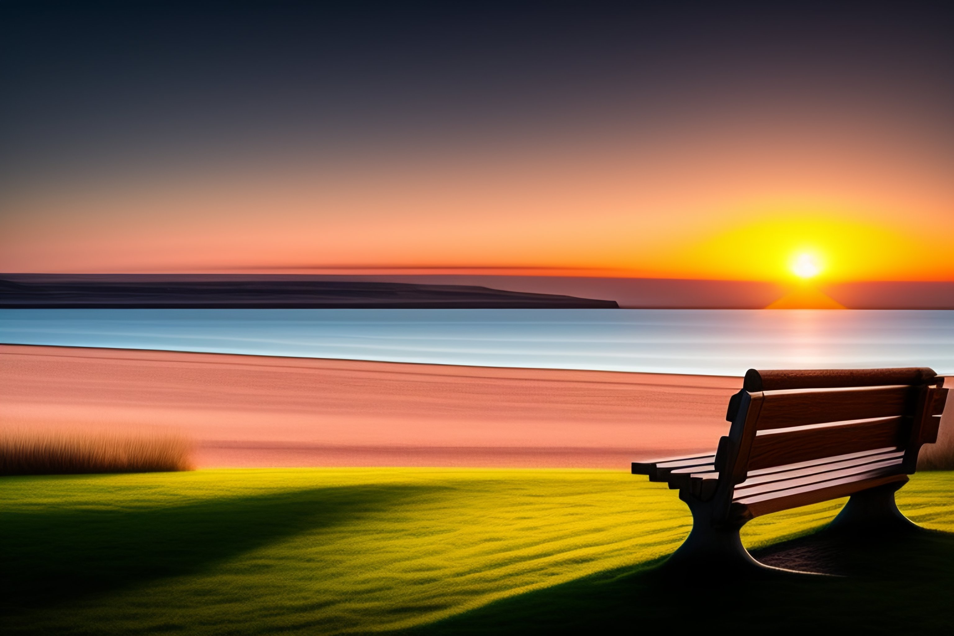 Lexica - Peaceful bench a beautiful landscape in front of it at sunset ...