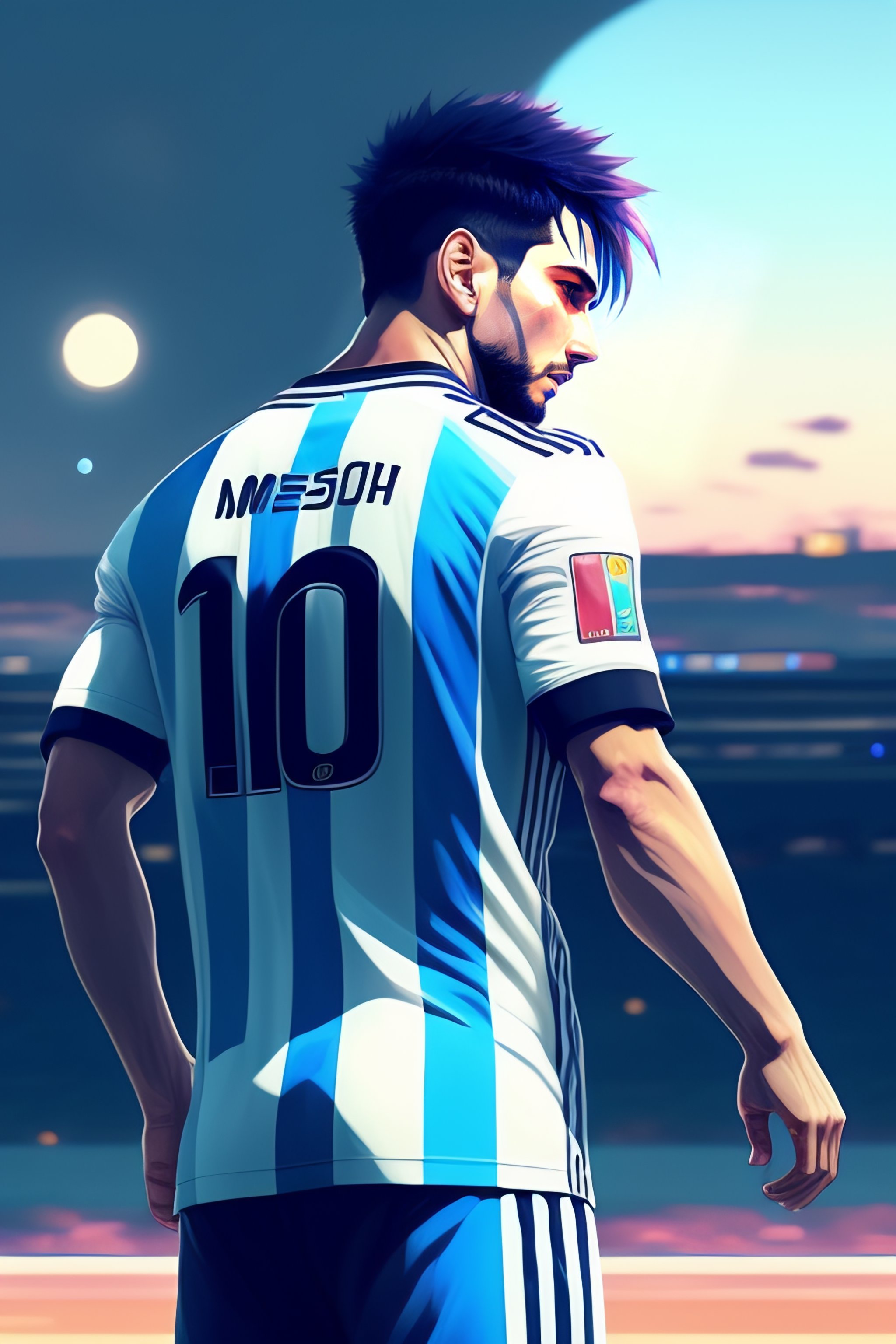 Lexica - Back of Argentine Footballer Messi, Blue and white stripes ...