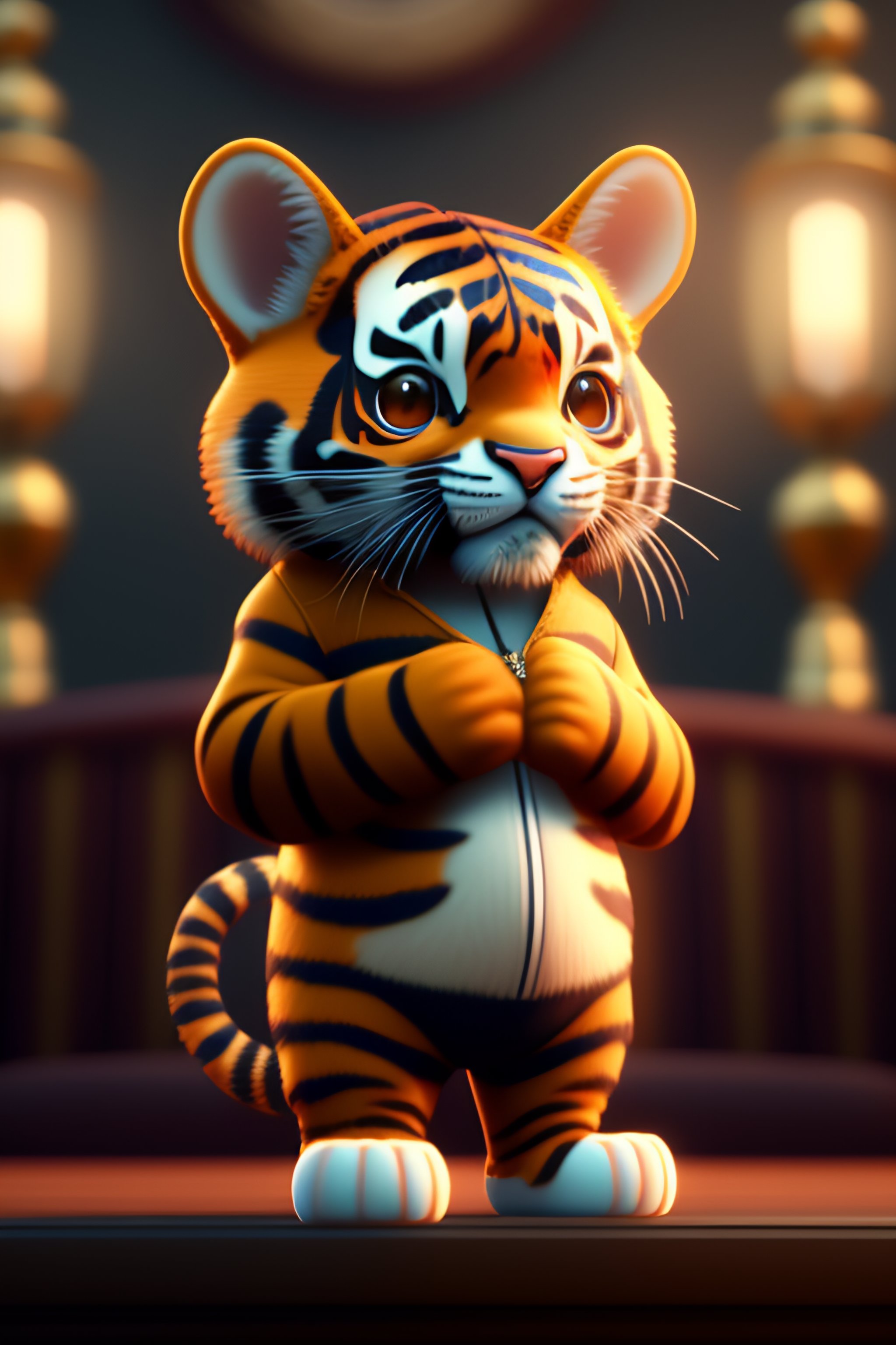 Lexica - Cute small tiger standing on 2 feet on theater wearing ...