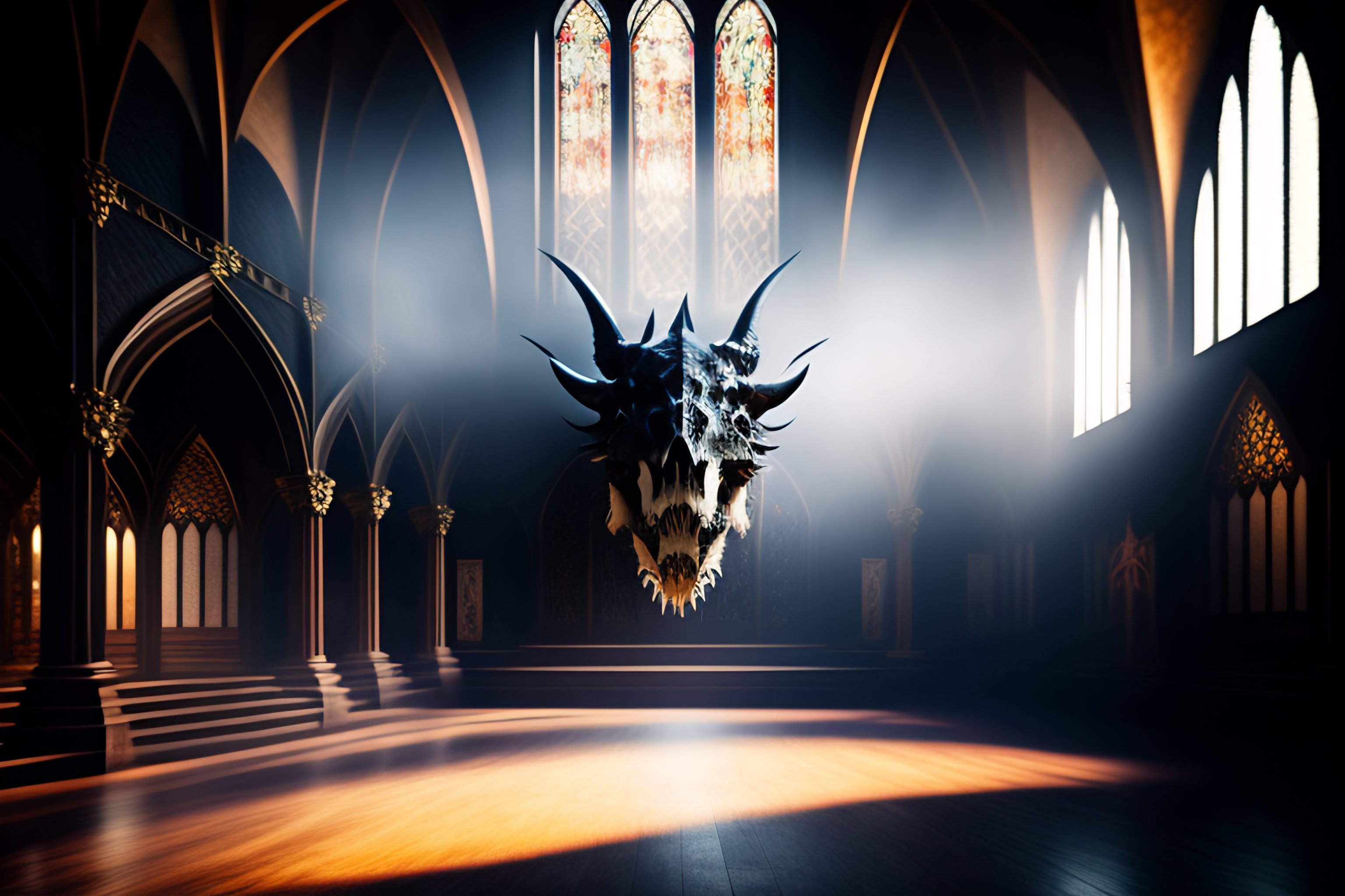 Lexica - Dark fantasy panoramic view of gothic medieval hall with giant ...