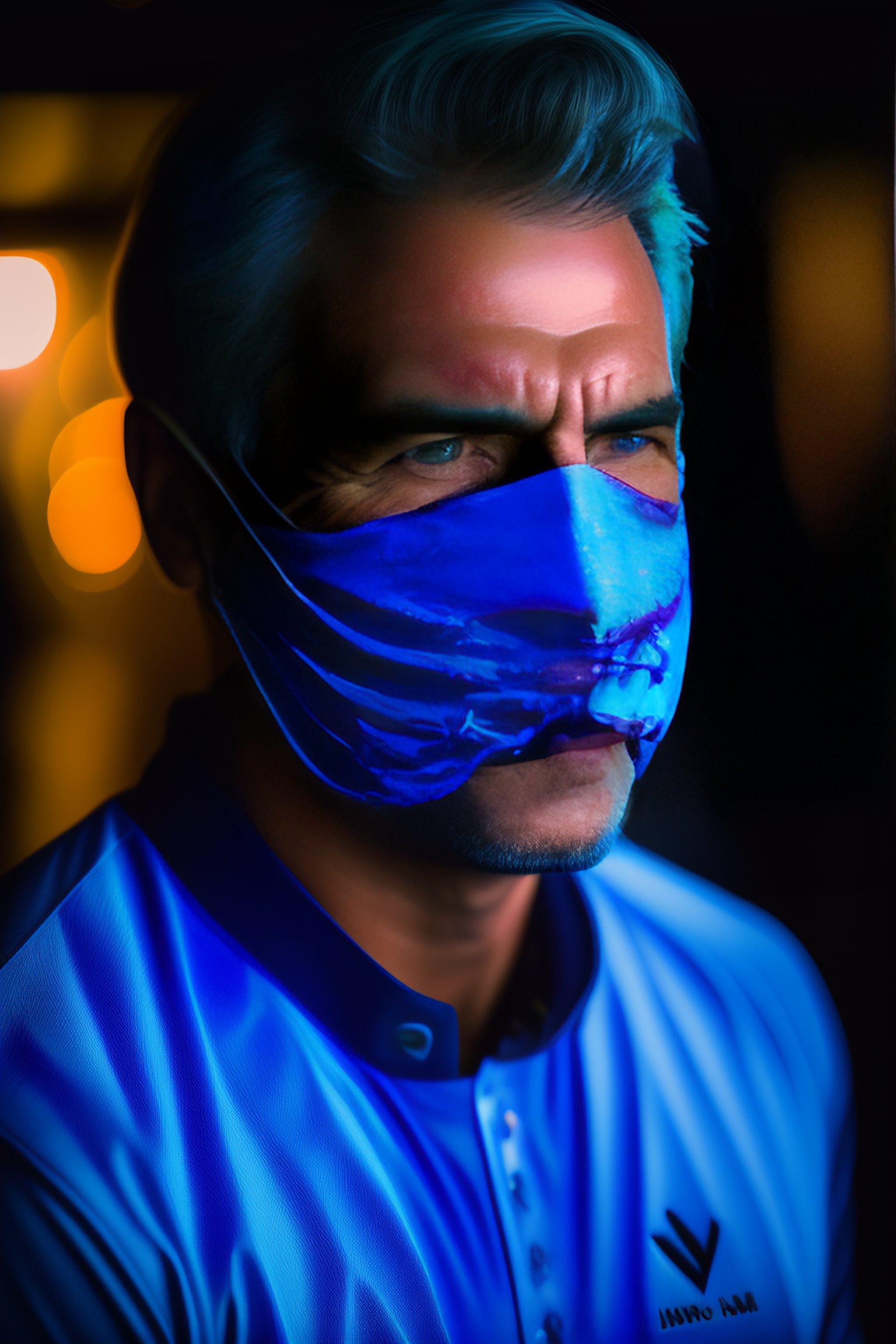 Lexica - Man wearing hideous mask that is scary, in the dark, low light ...