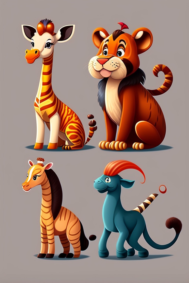 Lexica - Group of animals, loin, giraffe, tiger, monkey, cartoon characters