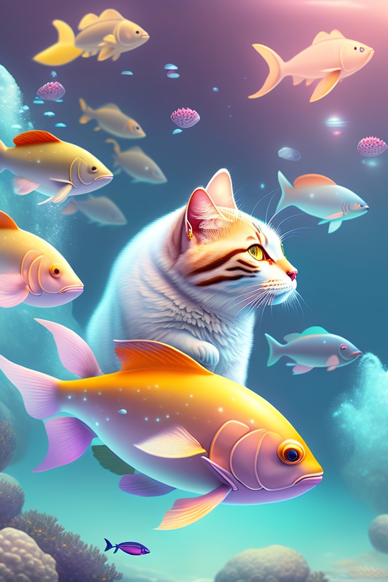 Lexica - An astronaut cat dives in a sea full of ancient fish, pastel ...