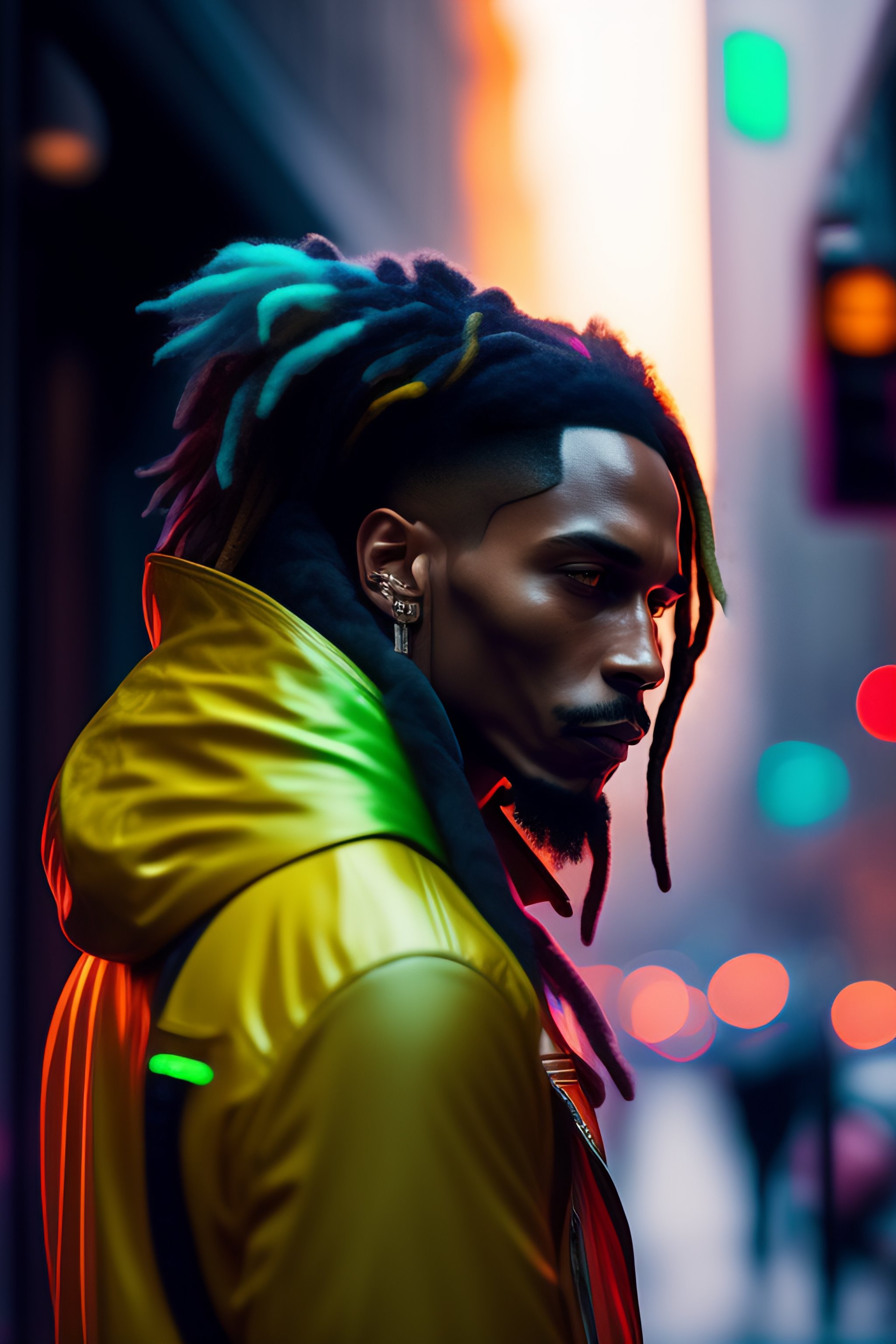 Lexica - Slow shutter speed photo of a cyberpunk bob marley with neon ...