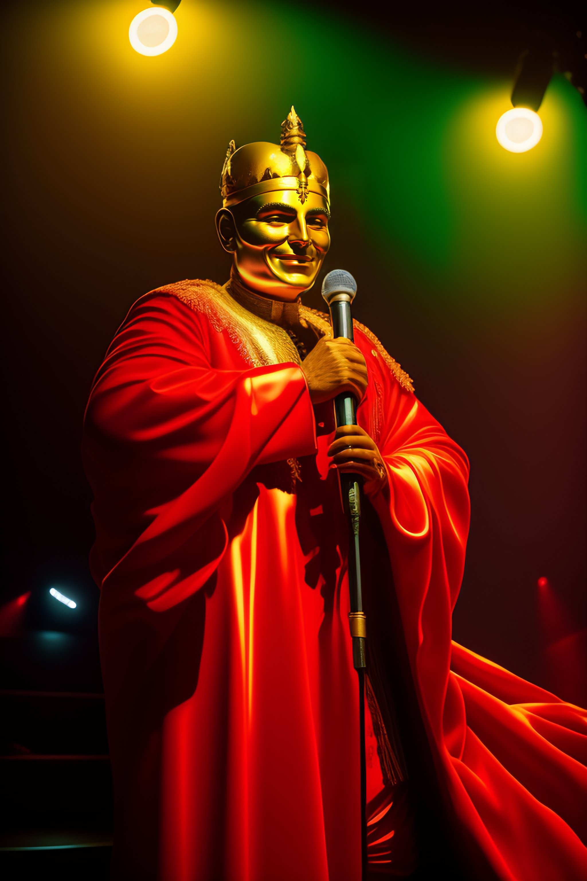 Lexica - The standup comedy comedian smiling superhero golden mask ...