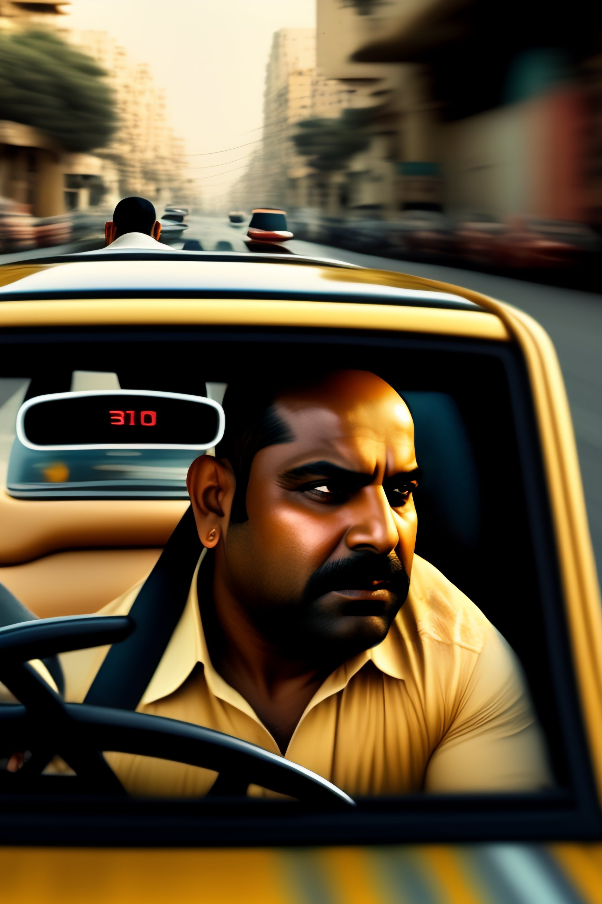 Lexica - The image shows a short, bald, stocky Pakistani man driving a ...