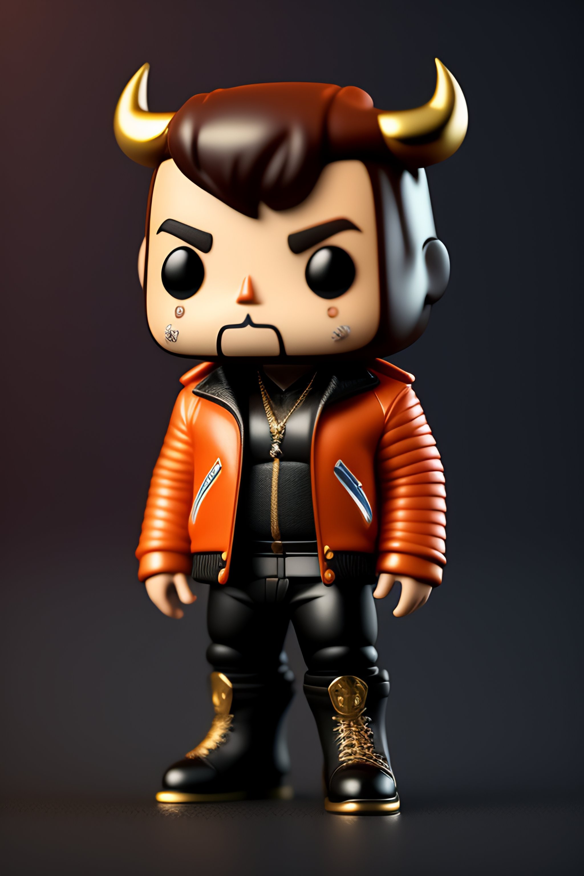Lexica - Full body 3d octane render of funko pop bull in a leather jacket