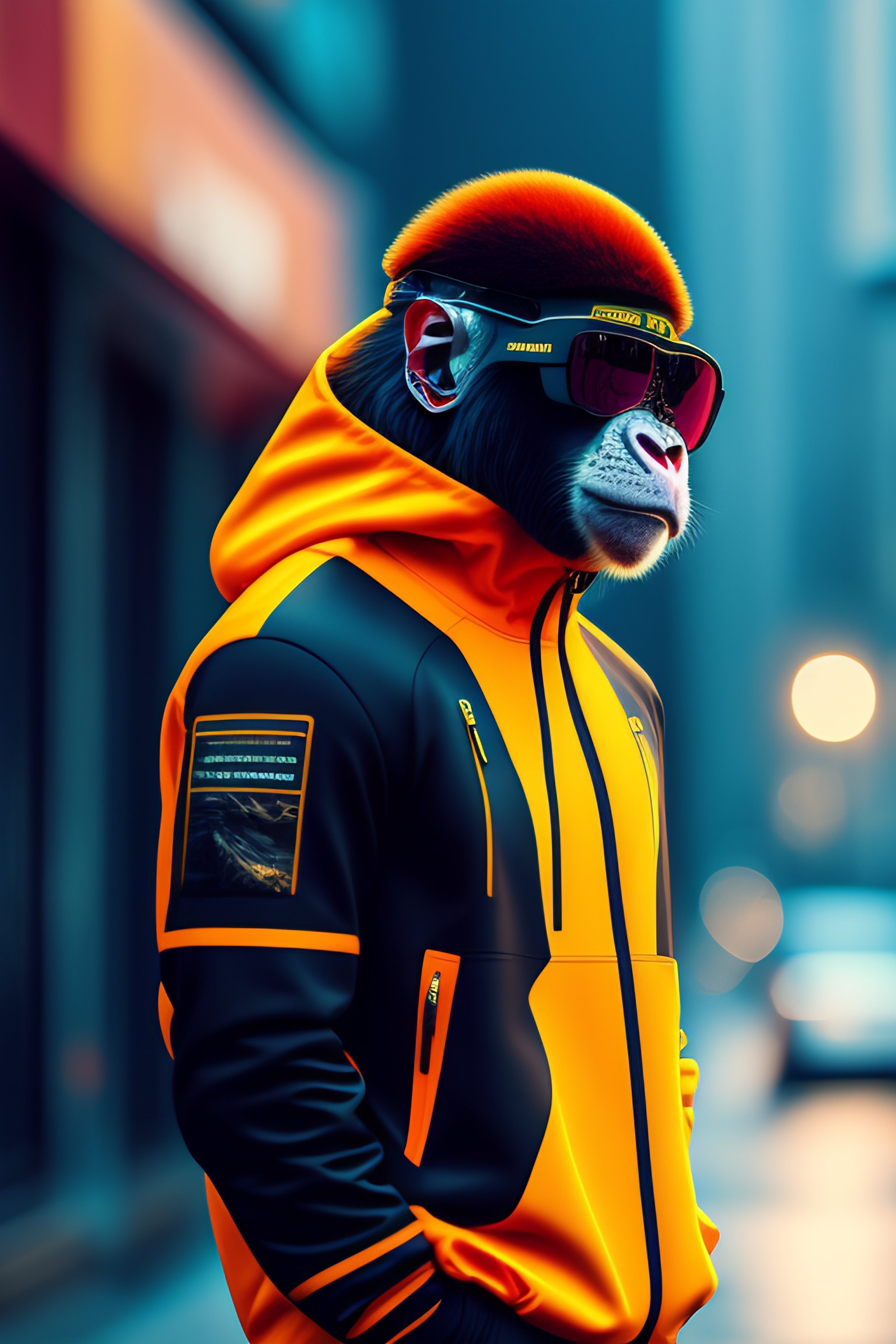 Lexica - EVOLVED APE IN TECH WEAR OUTFIT WEARING SUNGLASSES BY ACRNM