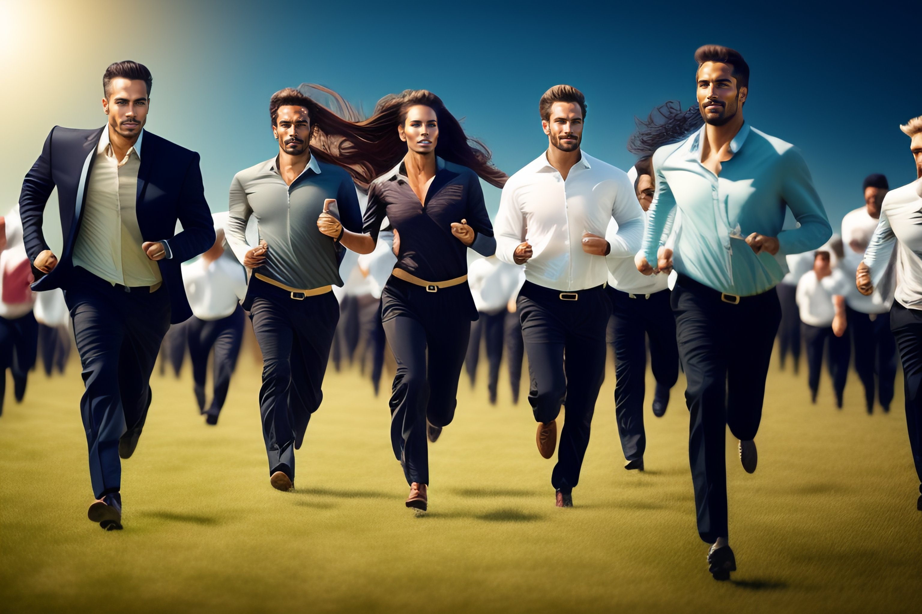 Lexica - Background full of men and wome chasing, front view, grass ...