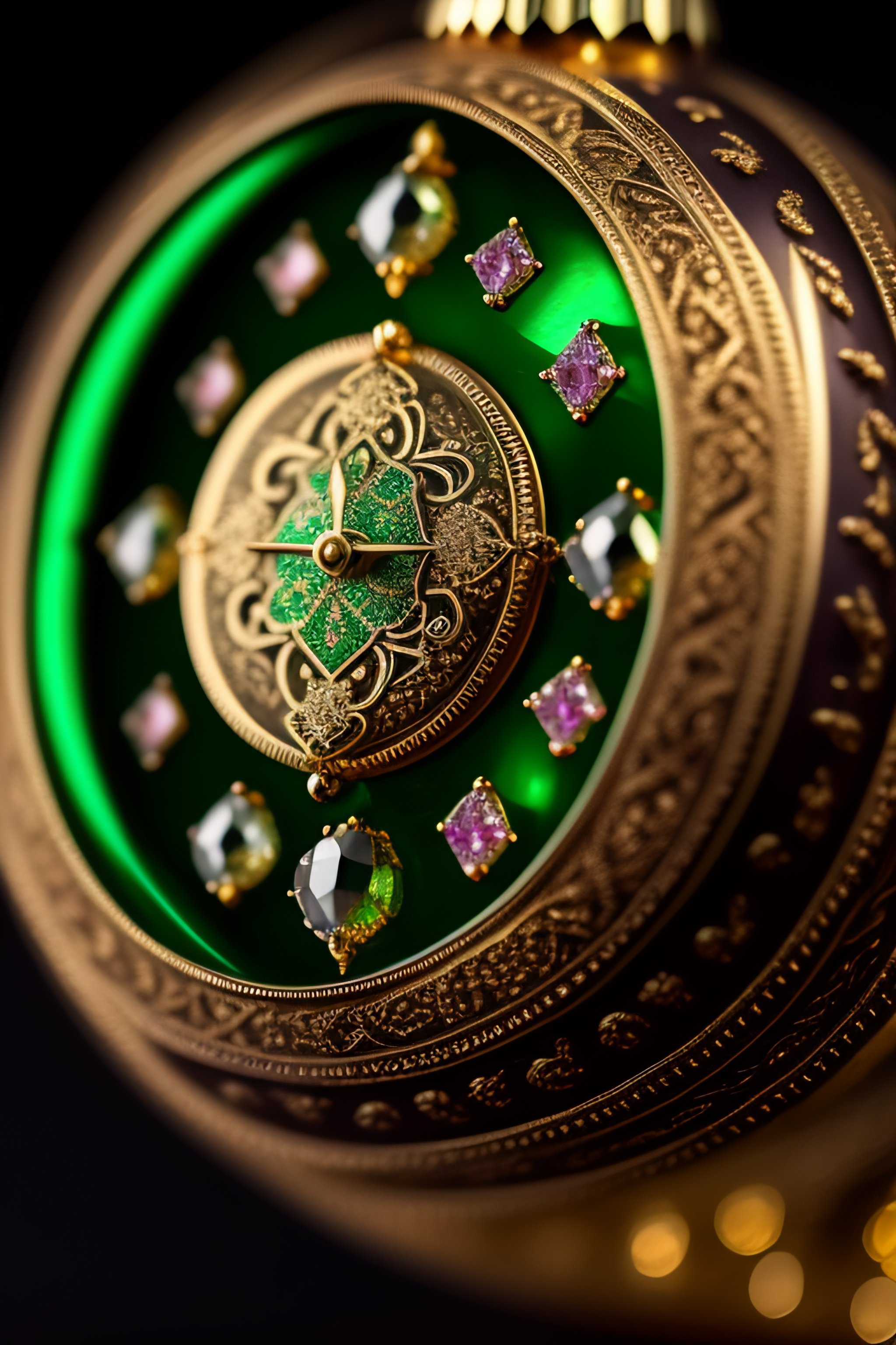 Lexica - Intricate clock decoration with emerald belly and ruby etched ...
