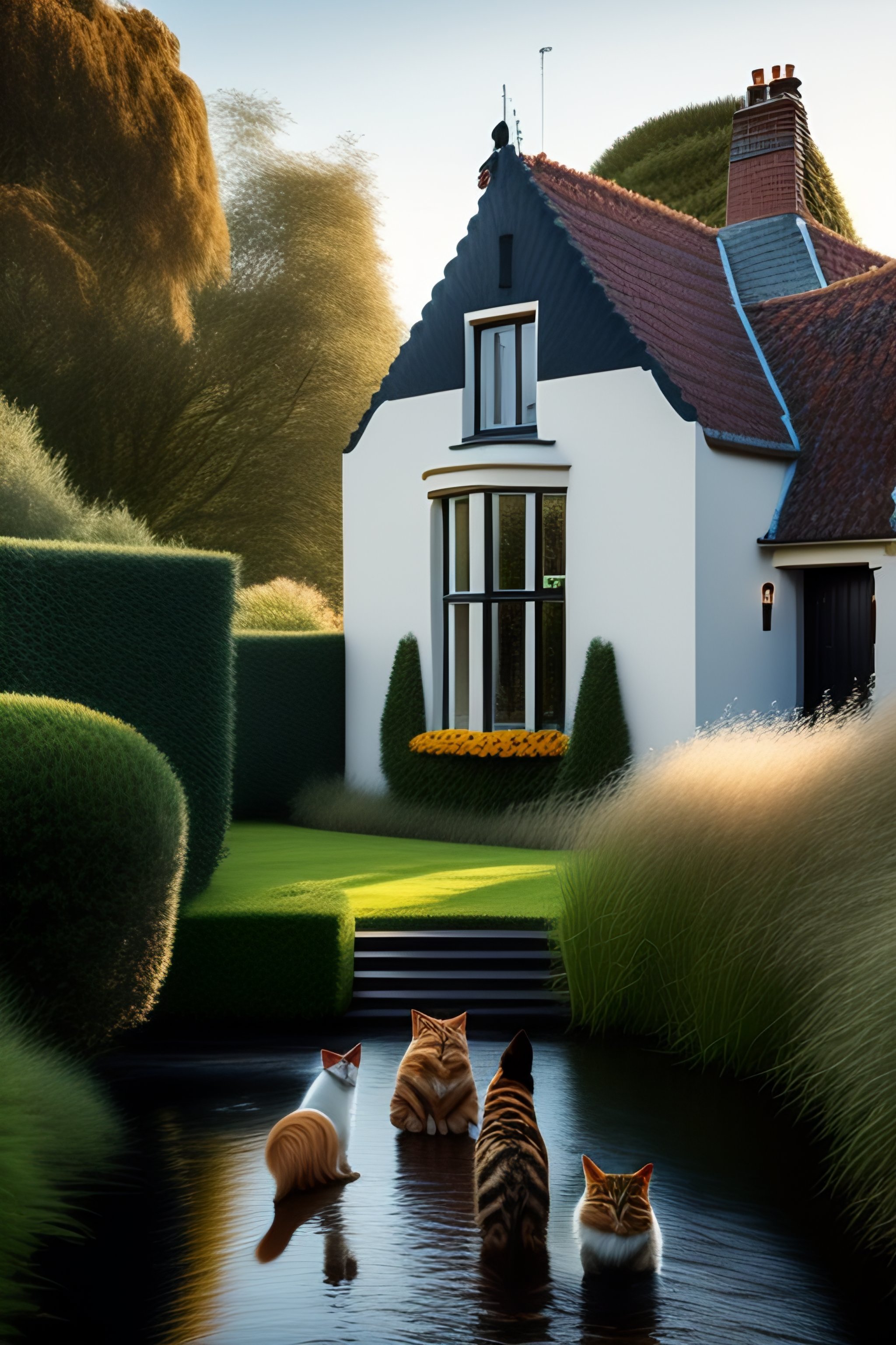 Lexica - Dutch looking house surrounded by cats in Ireland