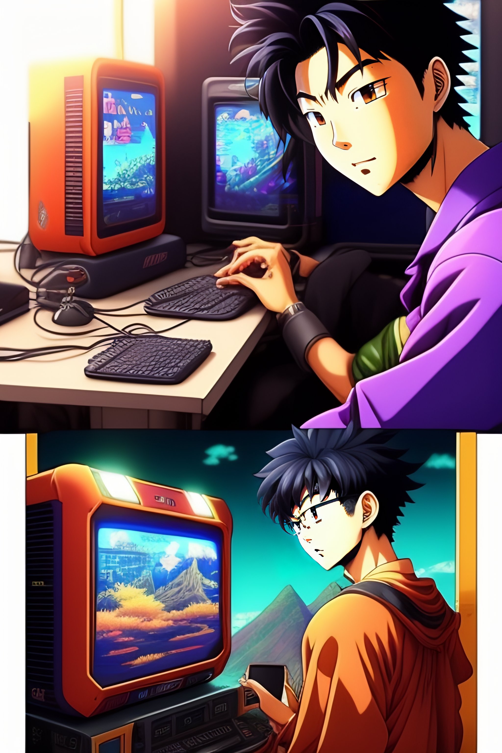 Lexica - Two Asian male gamers on a computer drawn in 90's anime ...