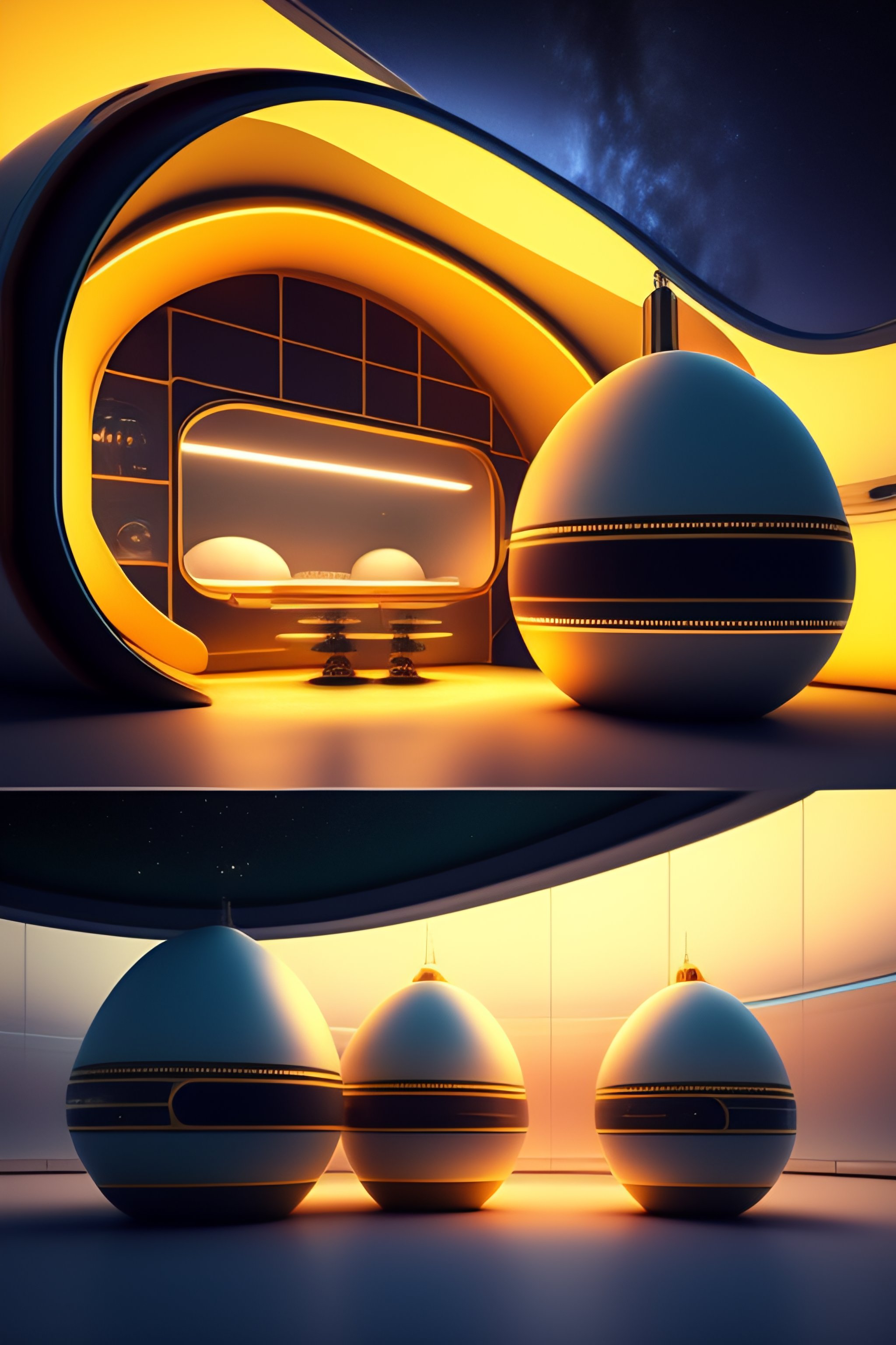 Lexica - Cozy and round spaceship lab, five scientist, one scientist ...