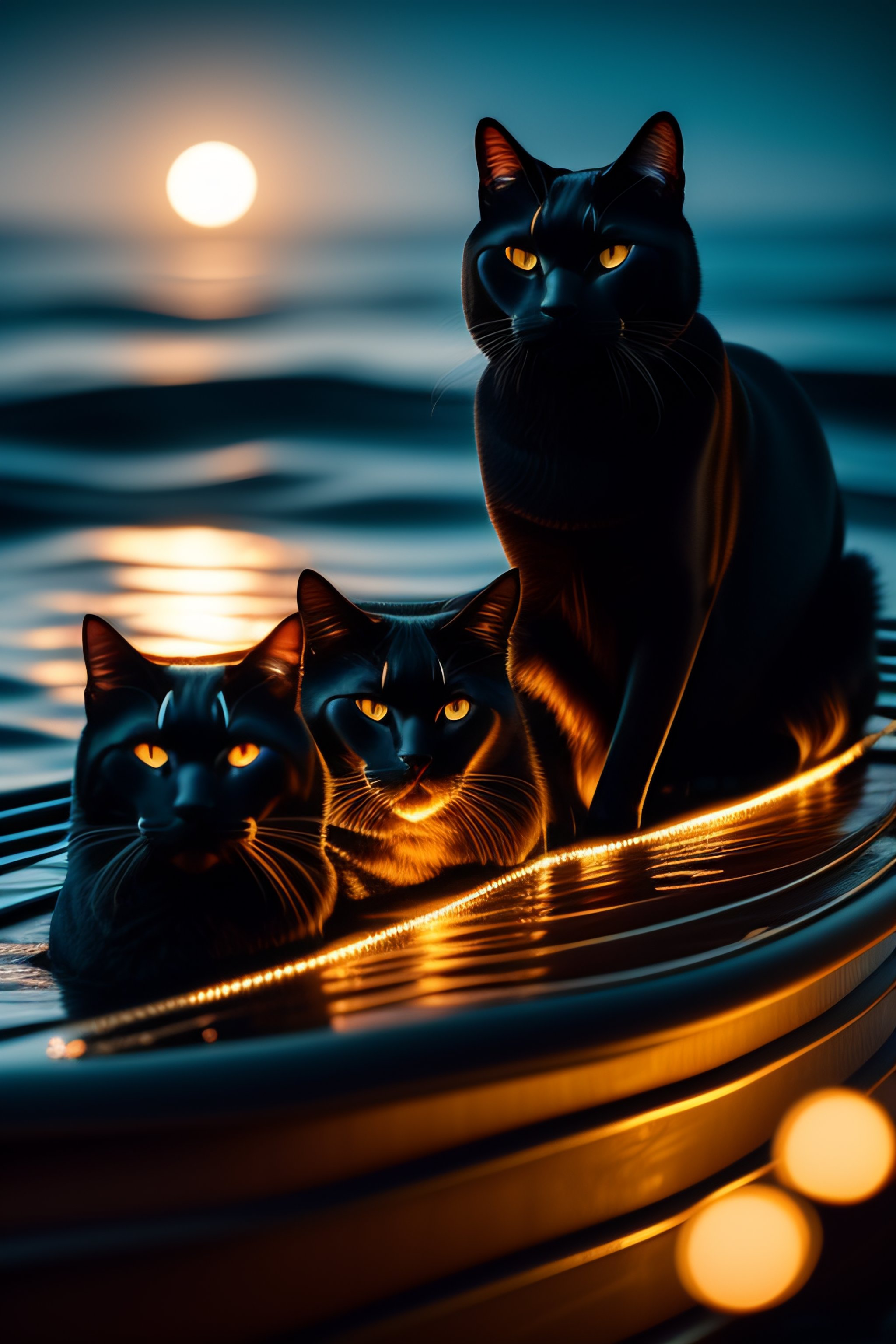 Lexica - A bunch of black cats hanging on a wooden raft in the middle ...