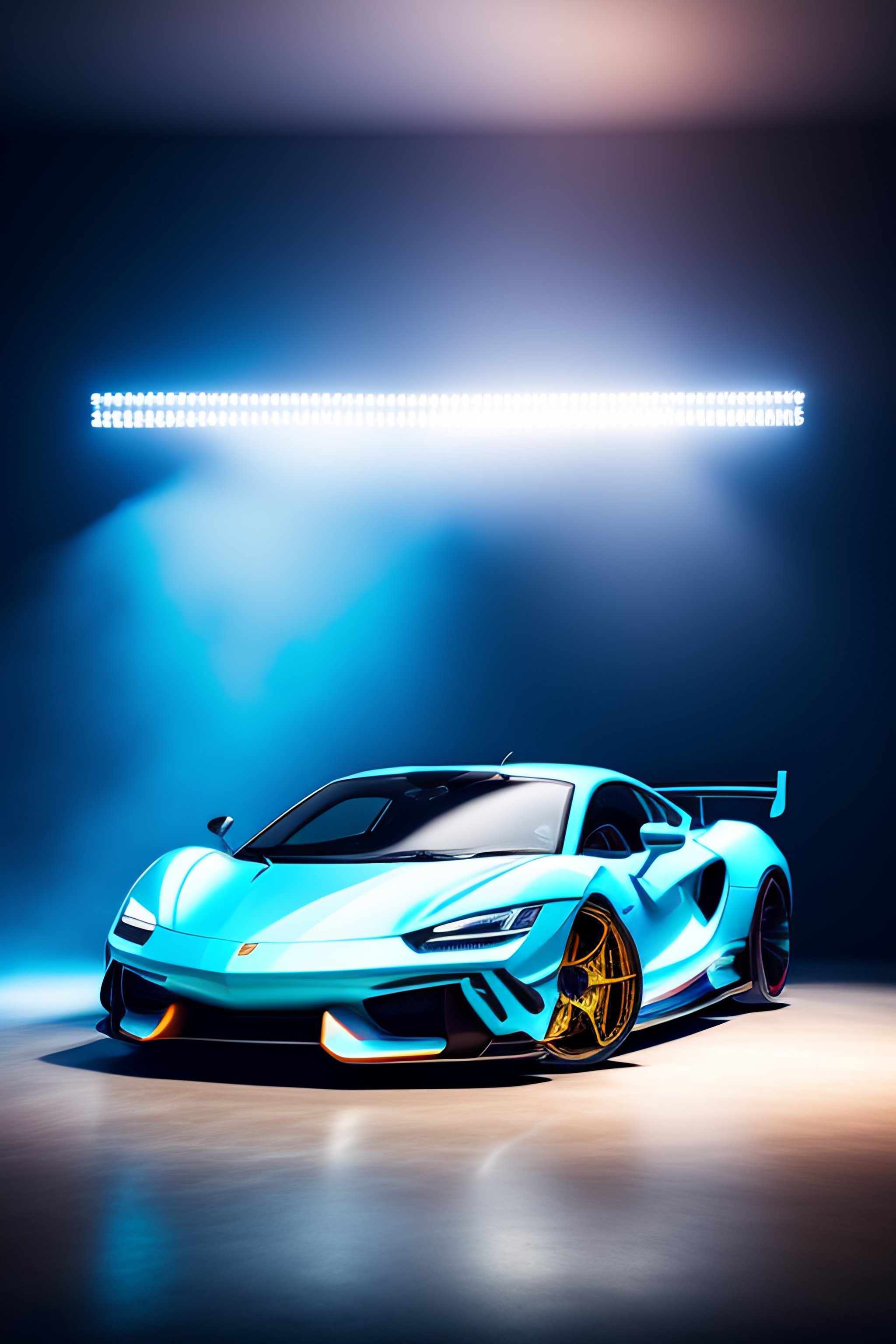 Lexica - Sky blue color supercar on a stage with spotlights