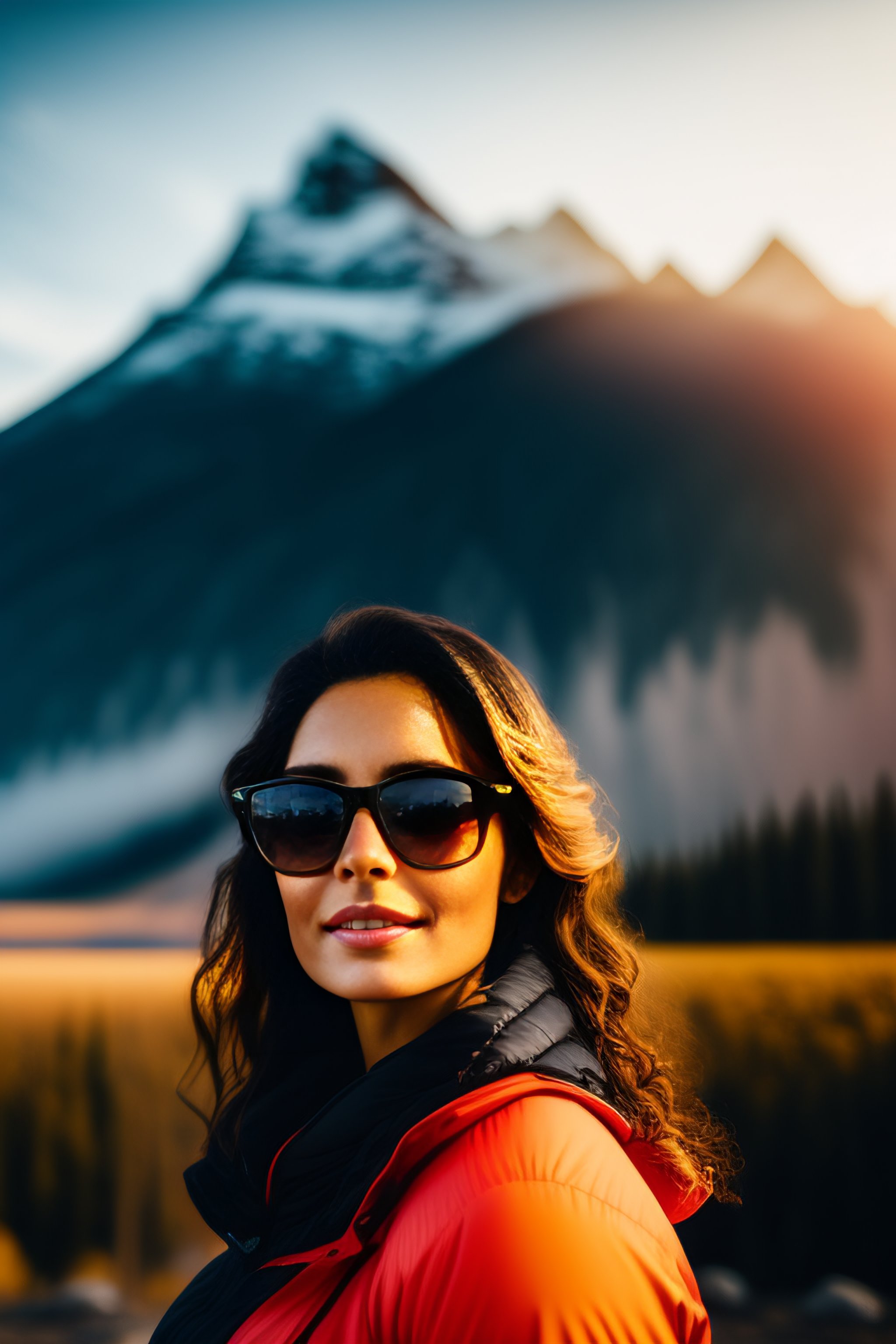 Lexica - A woman posing with shades, behind a scenic mountain