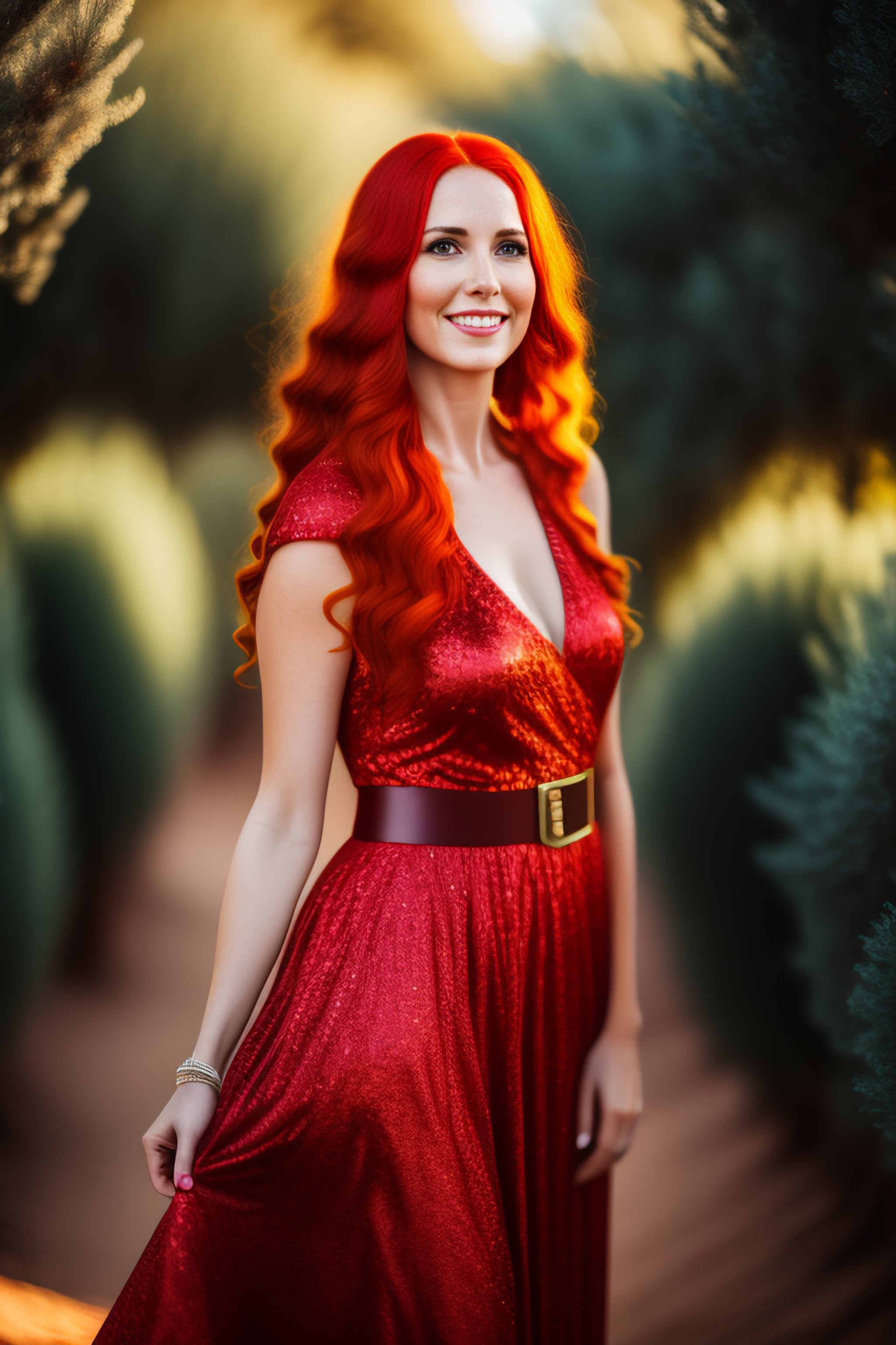 Lexica - Beautiful red-haired woman in flowing dress in front of olive ...