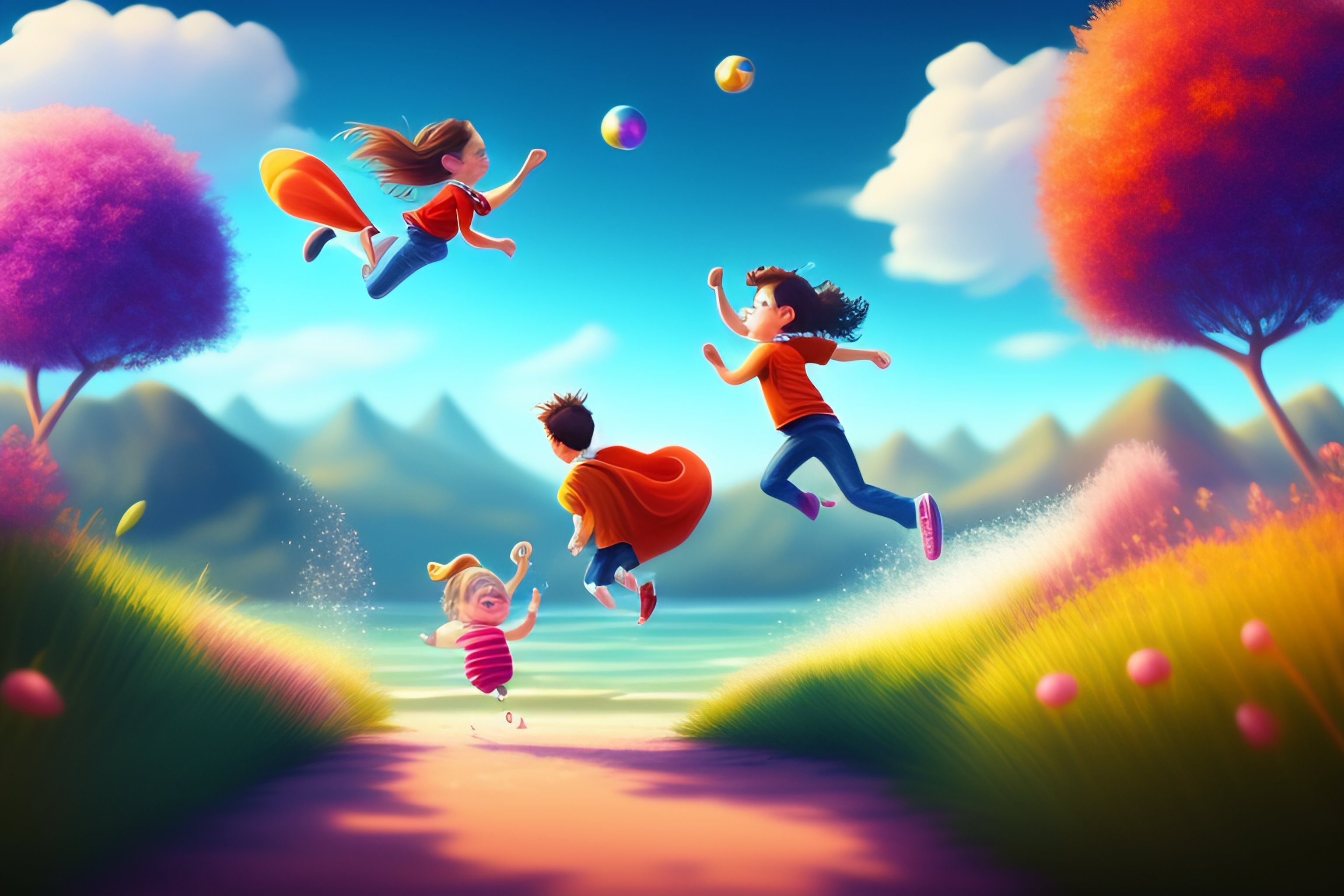 Lexica - A view of the magnificent nature with happy girls and boys ...