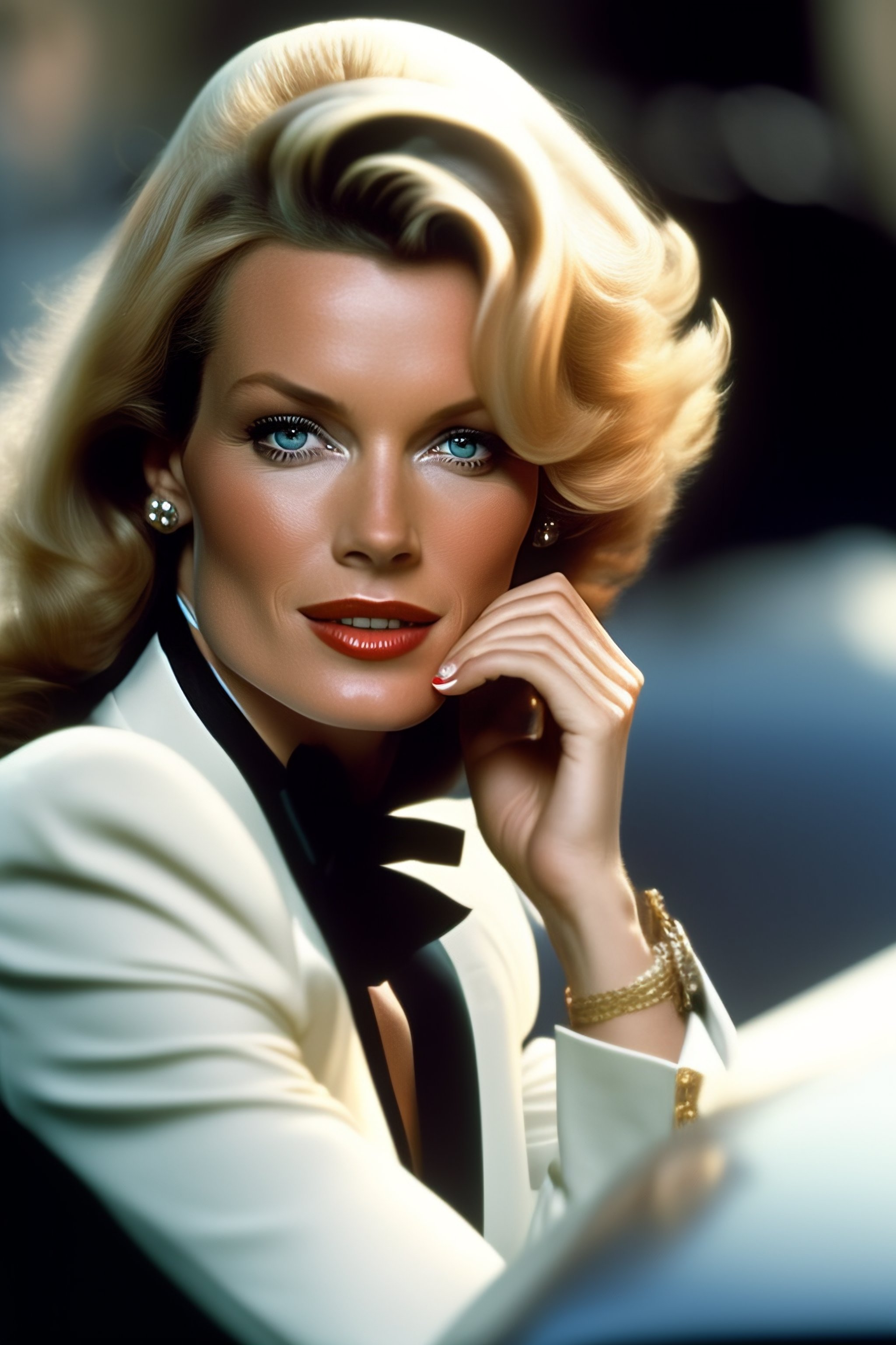 Lexica - Closeup of brigitte lahaie wearing a tuxedo eating a simca1000