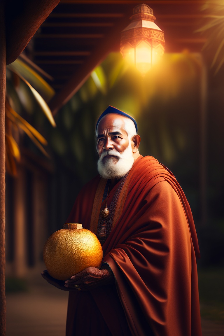 Lexica - Image of an old monk in his hand holding a coconut, looking ...