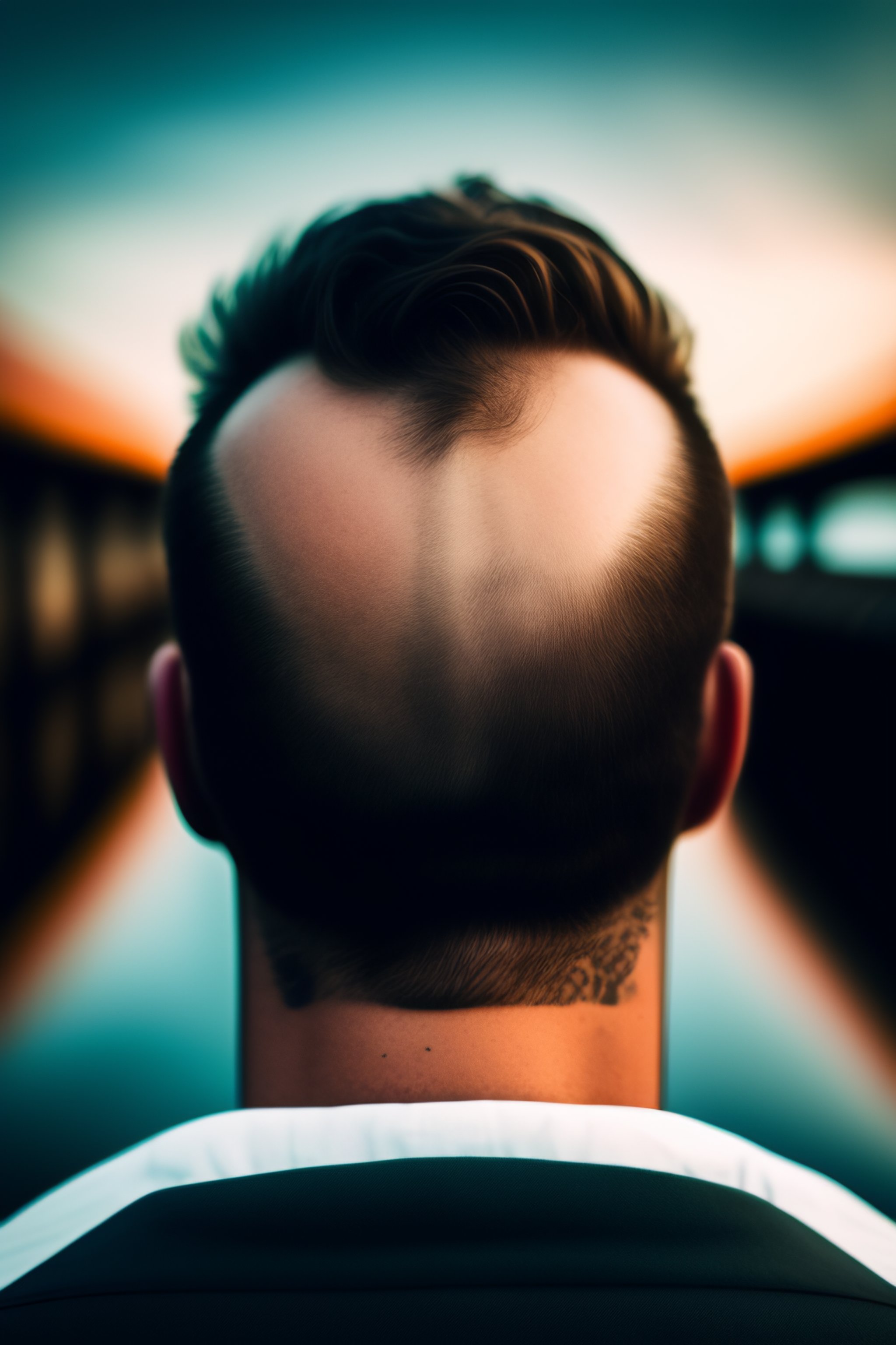 Lexica - Close up back of head shot of a man facing the water on a bridge