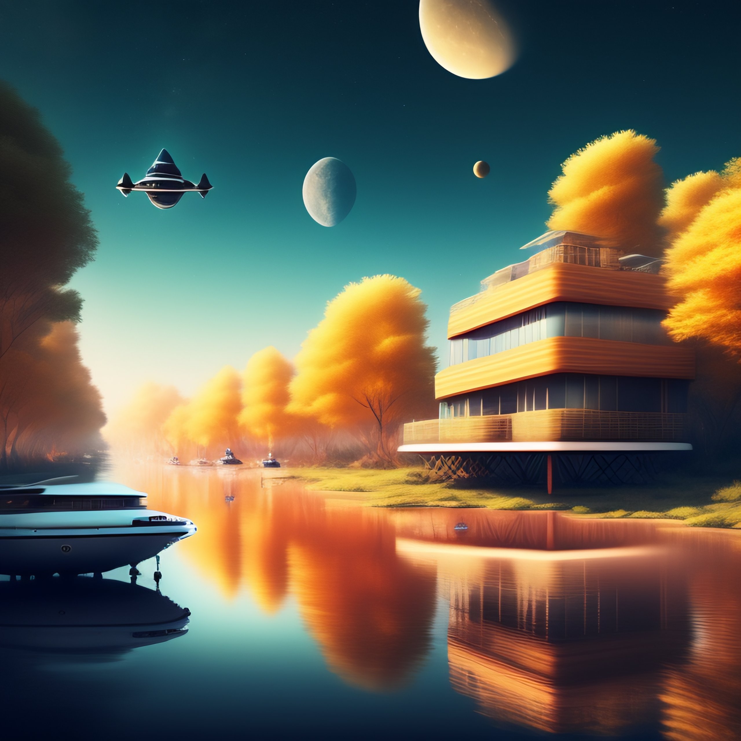 Lexica - Space full of floating buildings, cars, people, trees, animals ...