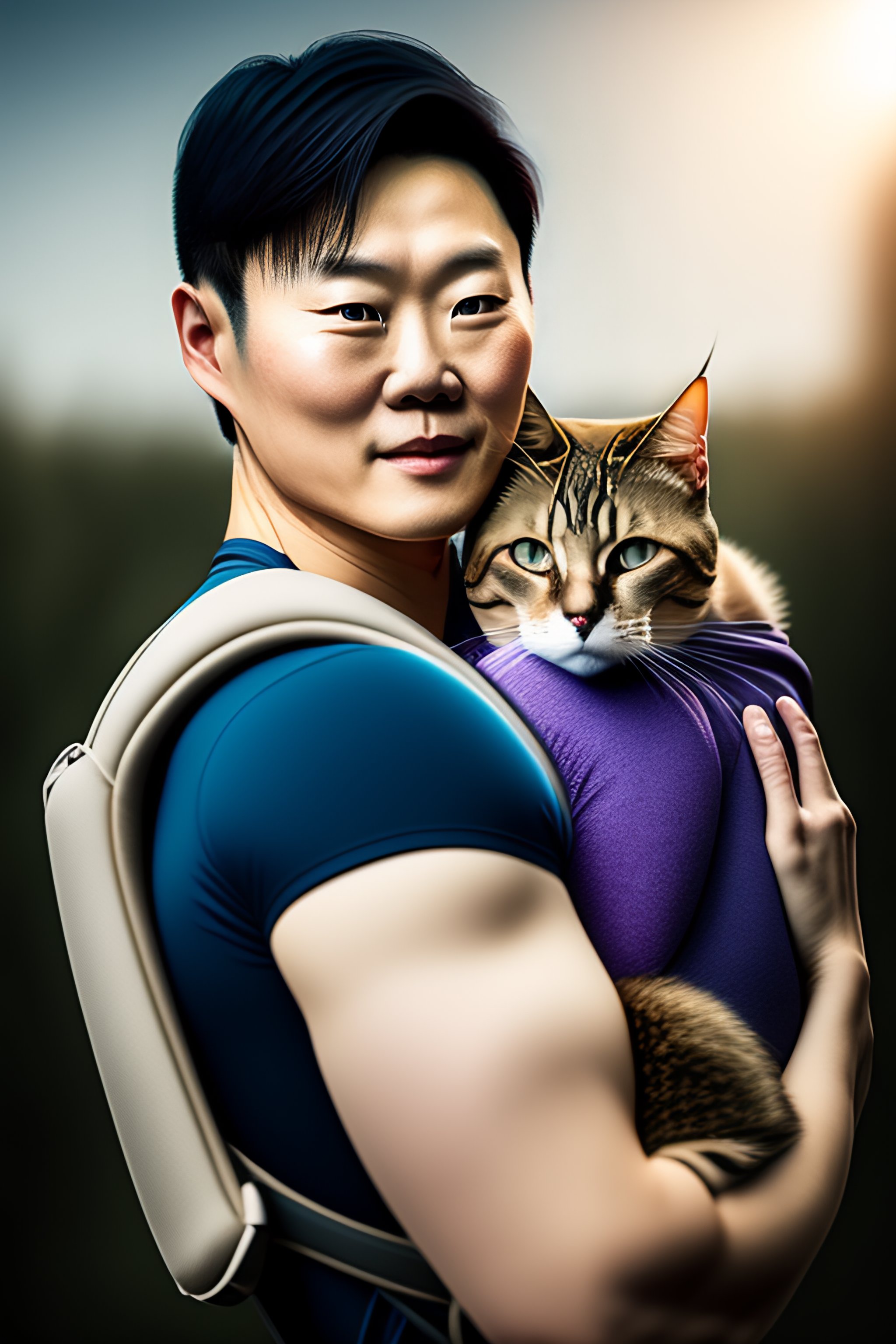 Lexica - YC Chen, wearing baby sling with one cat on the back, athlete ...