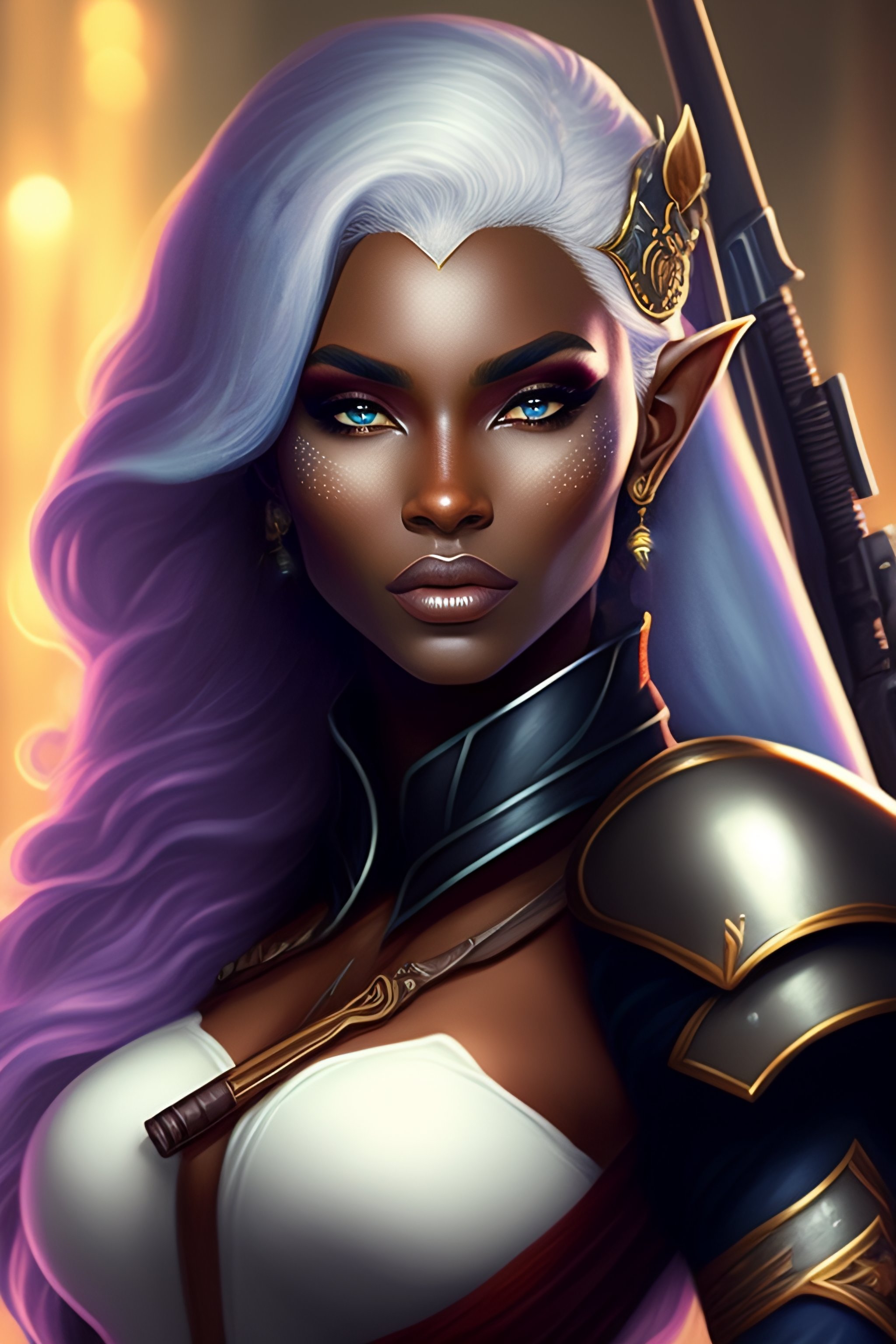 Lexica - Drow Elf woman with Dusky complexion and white hair, holding a rifle.