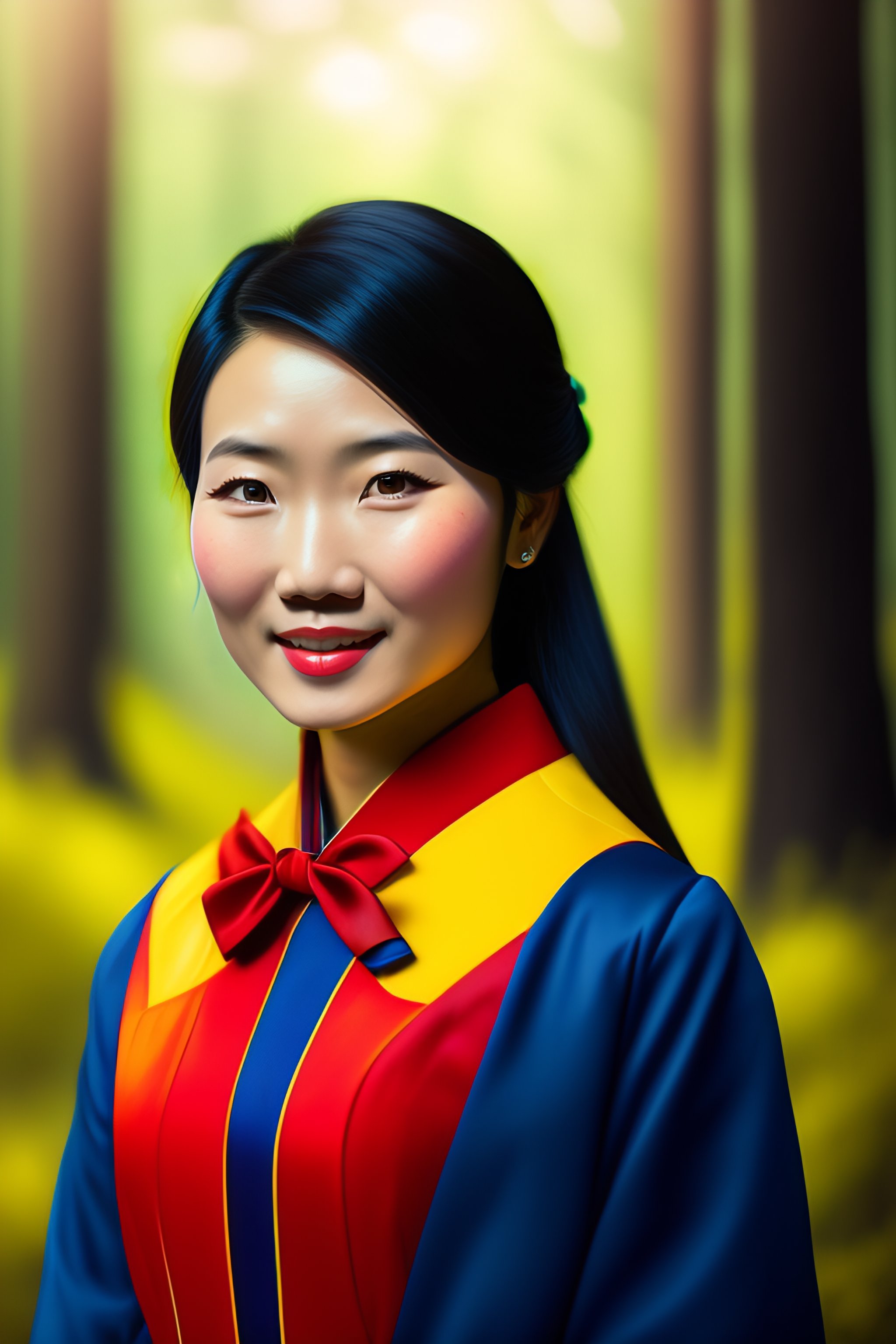 Lexica - Asian doctor girl in the woods. Red bow in hair. A camera ...