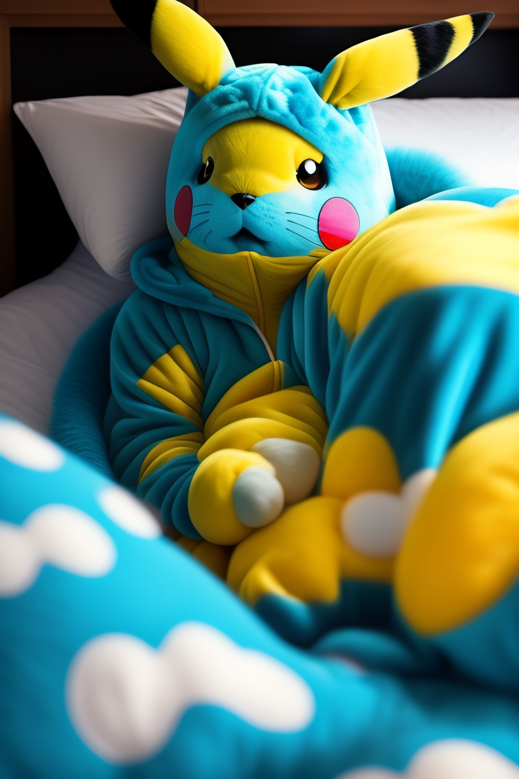 Lexica - Pikachu. comfy pajamas, sleepy. in bed