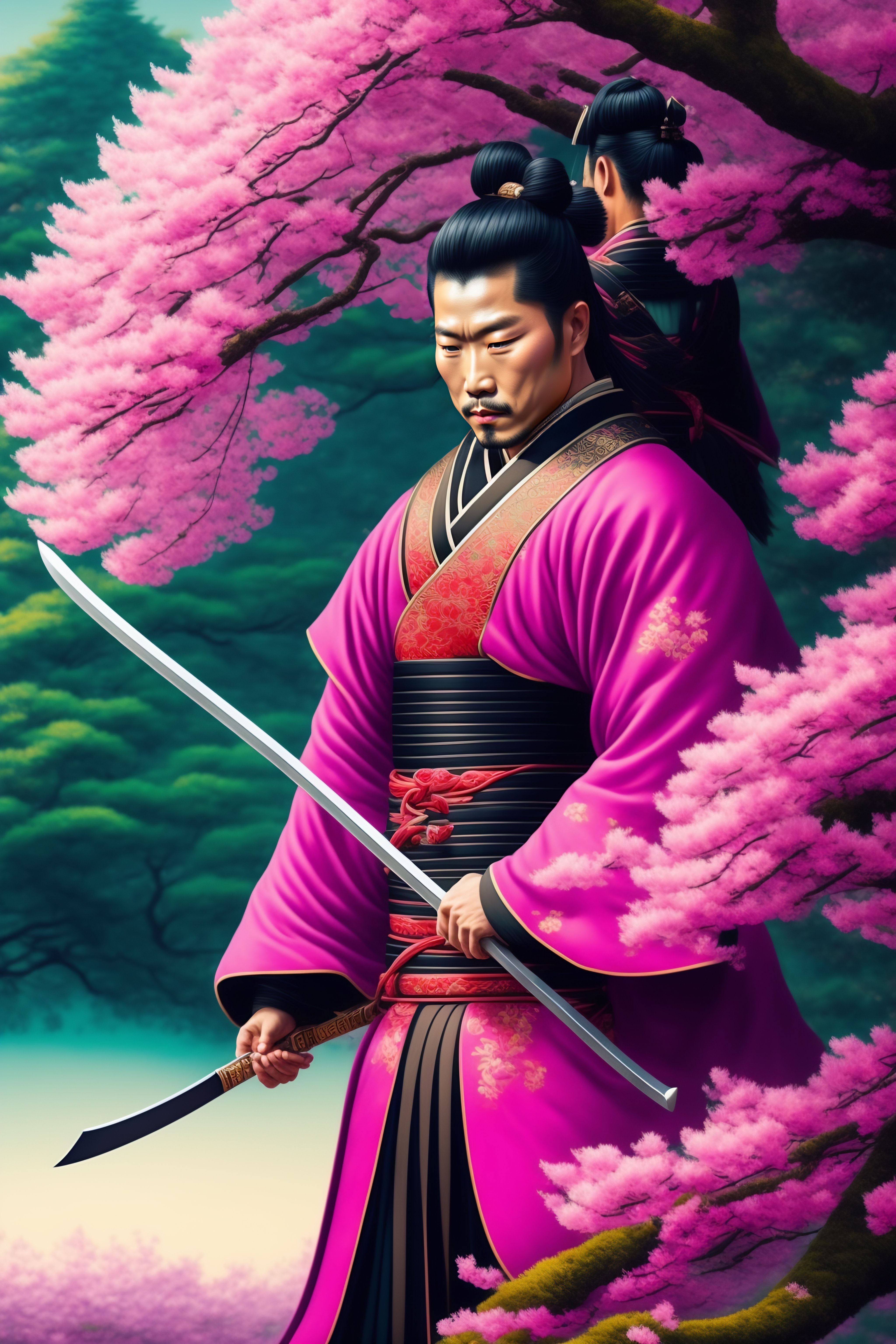 Lexica - Samurai with magenta kimono draws his katana under a sakura ...